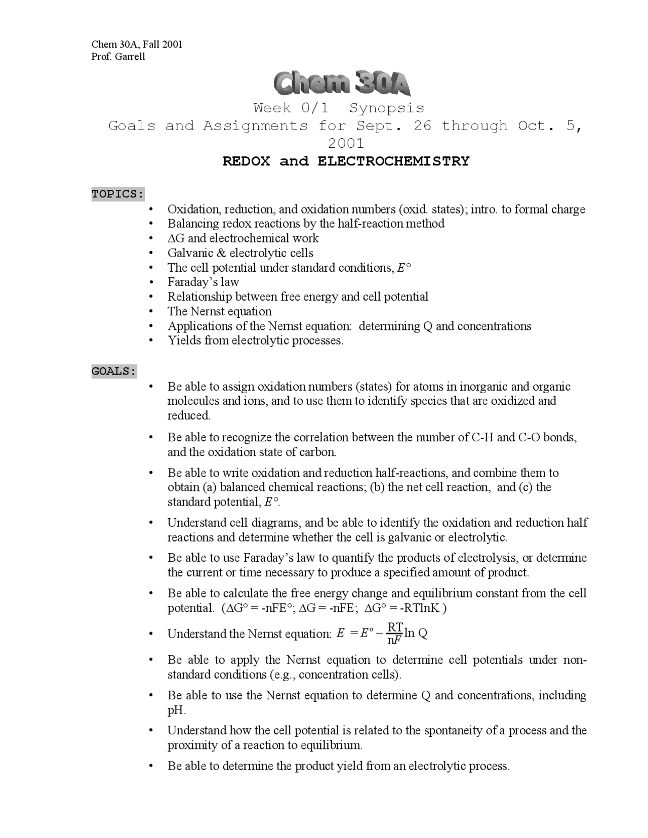 Redox and Electrochemistry - Review Sheet | CHEM 30A - Docsity