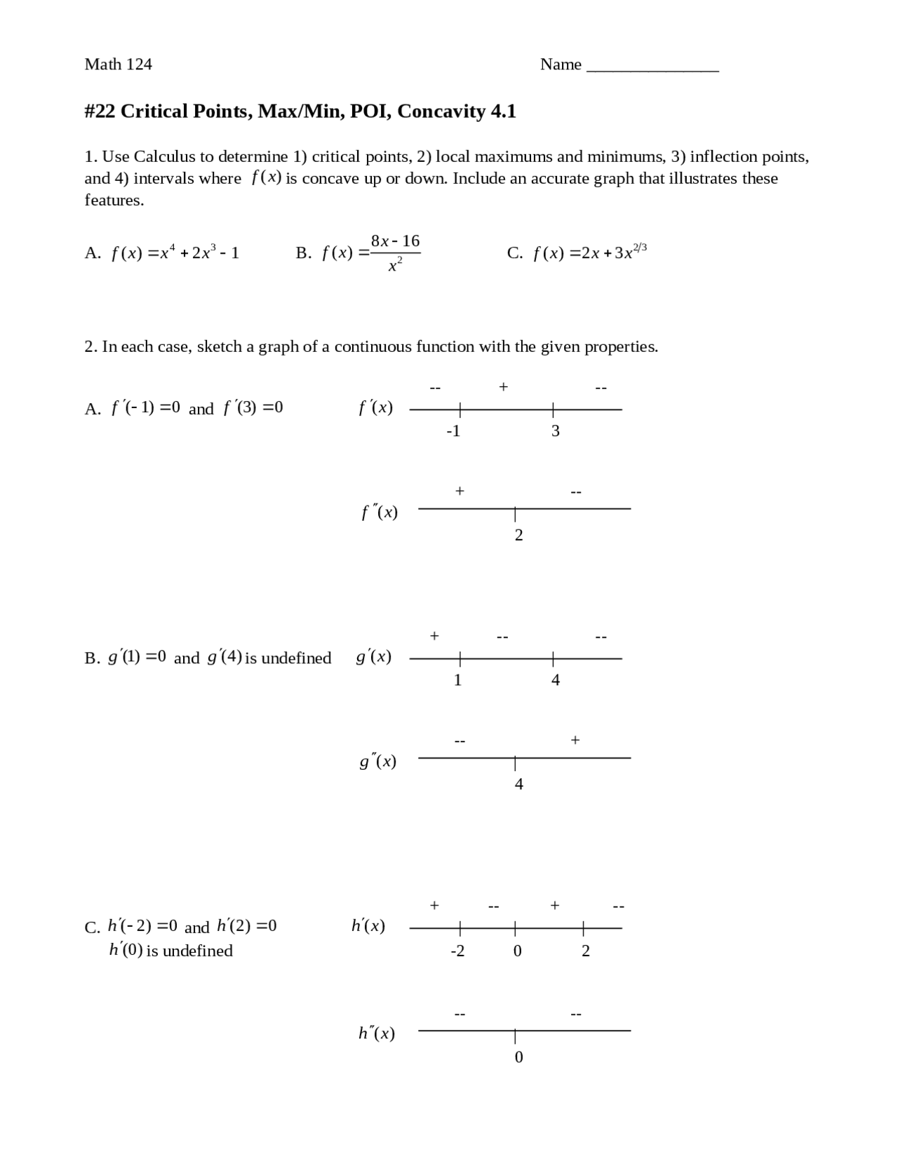 Critical Points, Maximum and Minimum, Concavity - Homework | MATH 124 ...