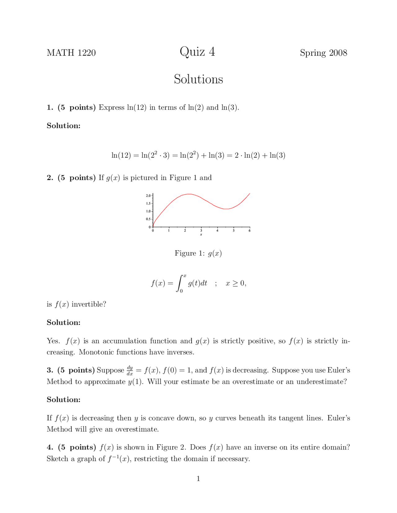 Practice Quiz 4 with Solutions - Calculus II | MATH 1220 - Docsity