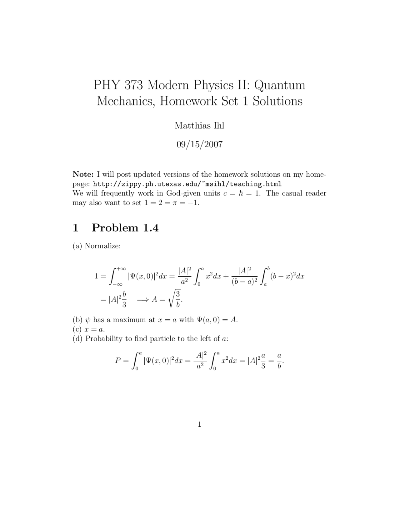 3 Solved Problems on the Quantum Mechanics - Assignment 1 | PHY 373 ...