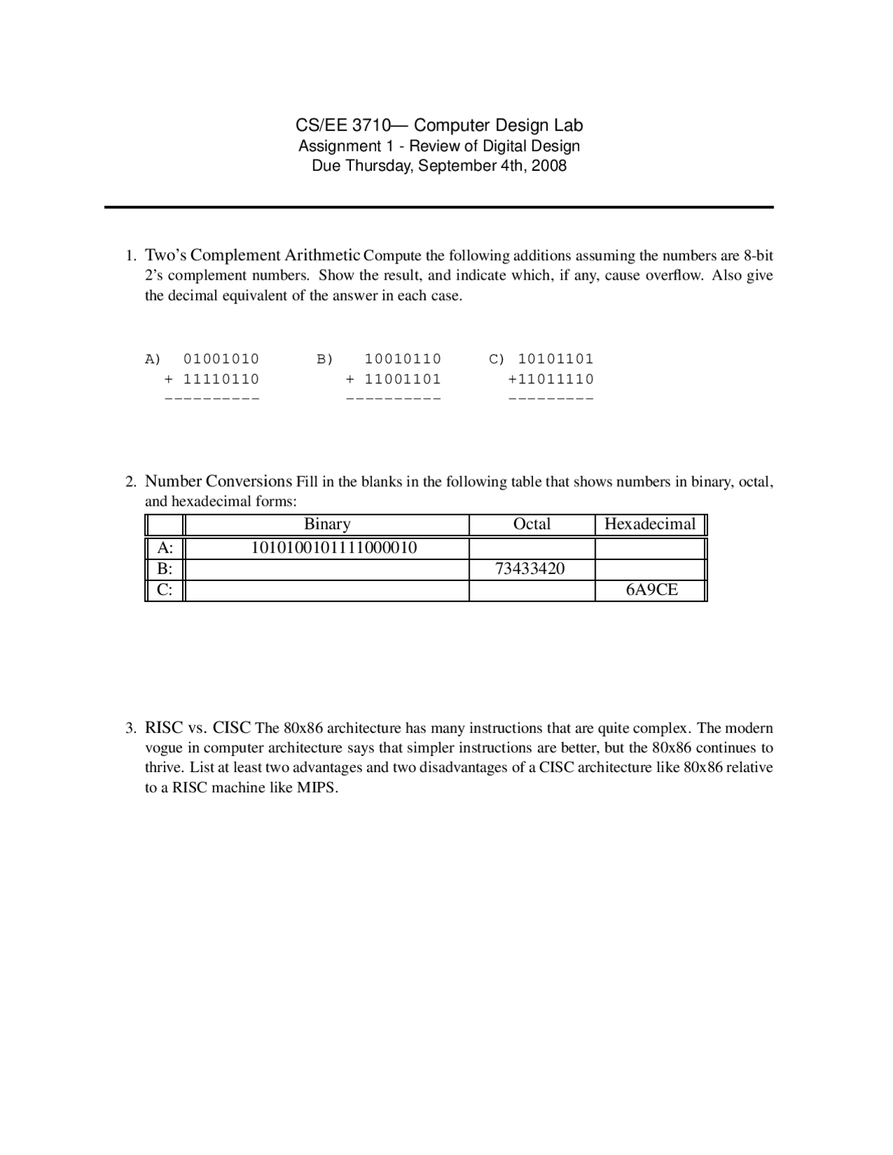Assignment 1 Review Of Digital Design Cs 3710 Assignments