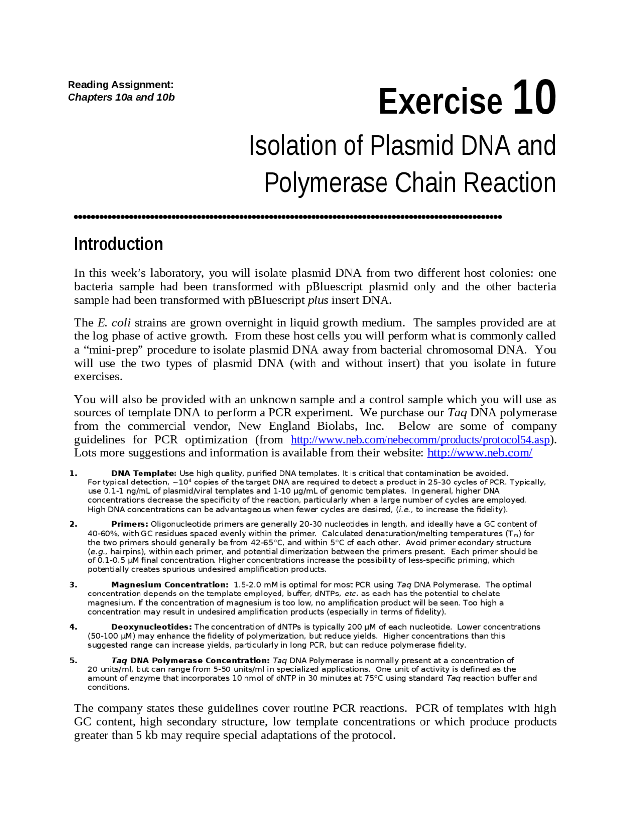 Isolation of Plasmid DNA and Polymerase Chain Reaction | BIO 205L - Docsity