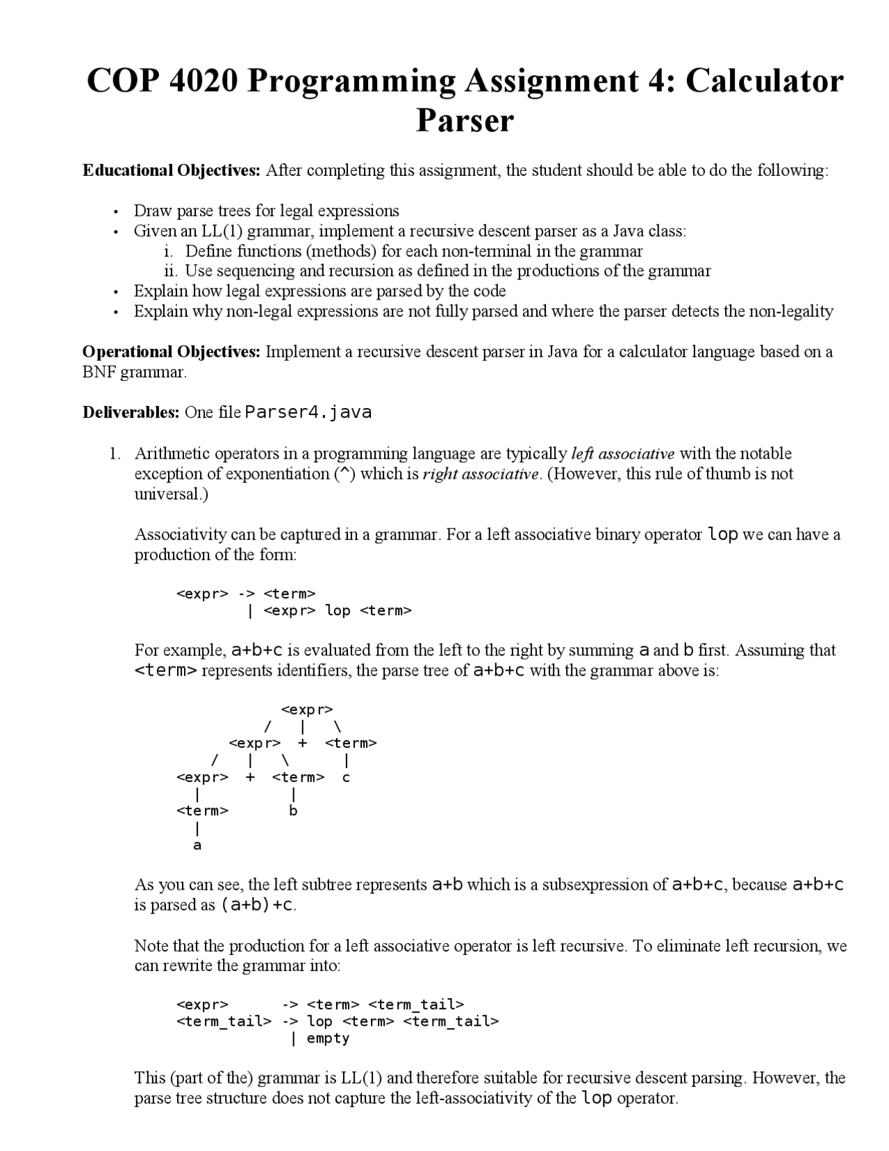 Programming Assignment 4 Calculator Parser Cop 4530 Docsity 3337