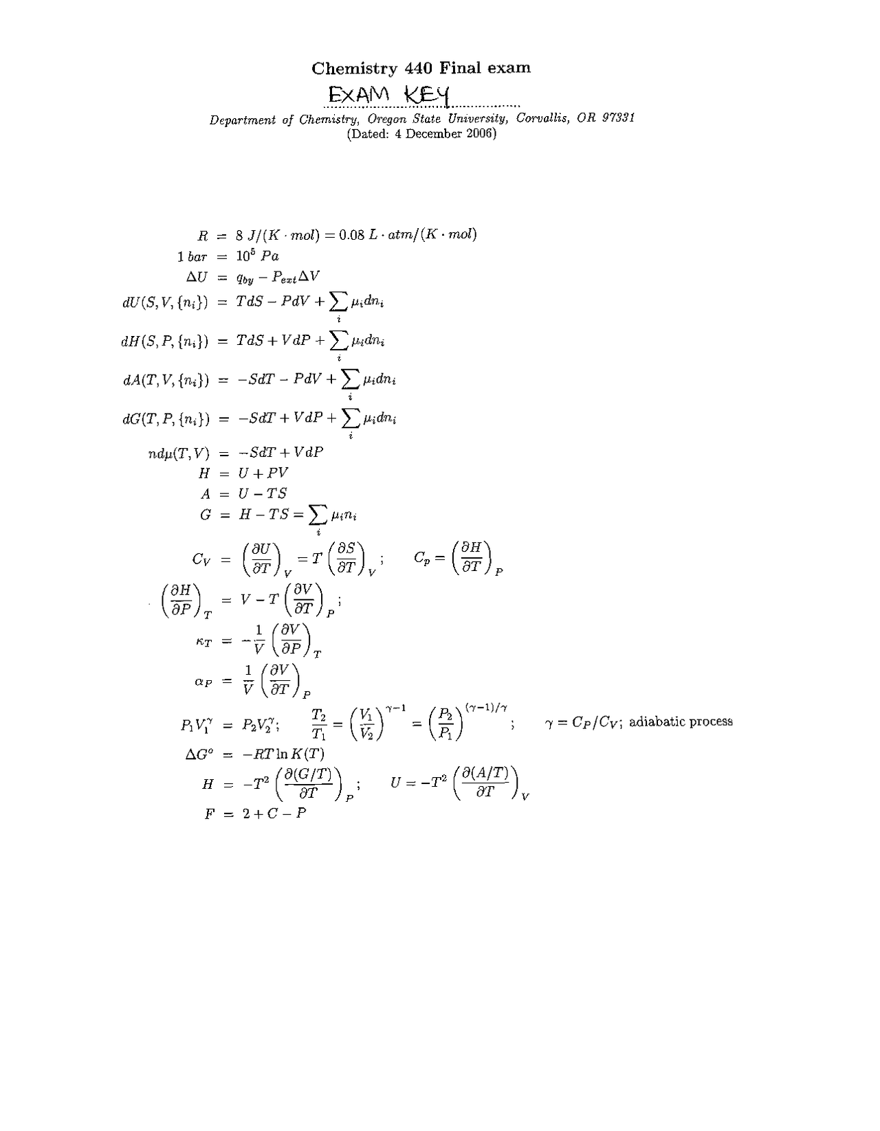 Physical Chemistry Final Test Solutions Ch 440 Docsity