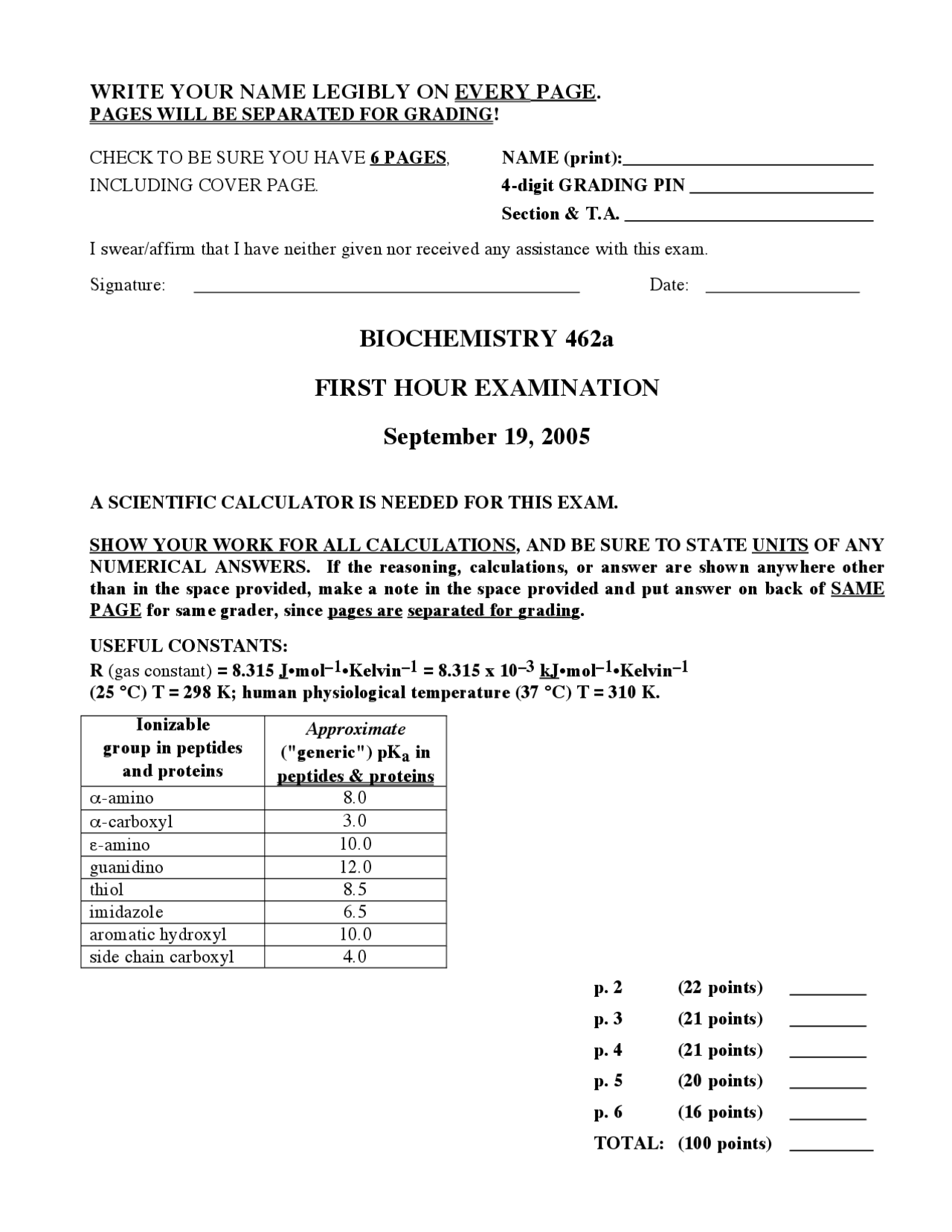 9 Questions Of Biochemistry Exam 1 Bioc 462a Exams Biochemistry