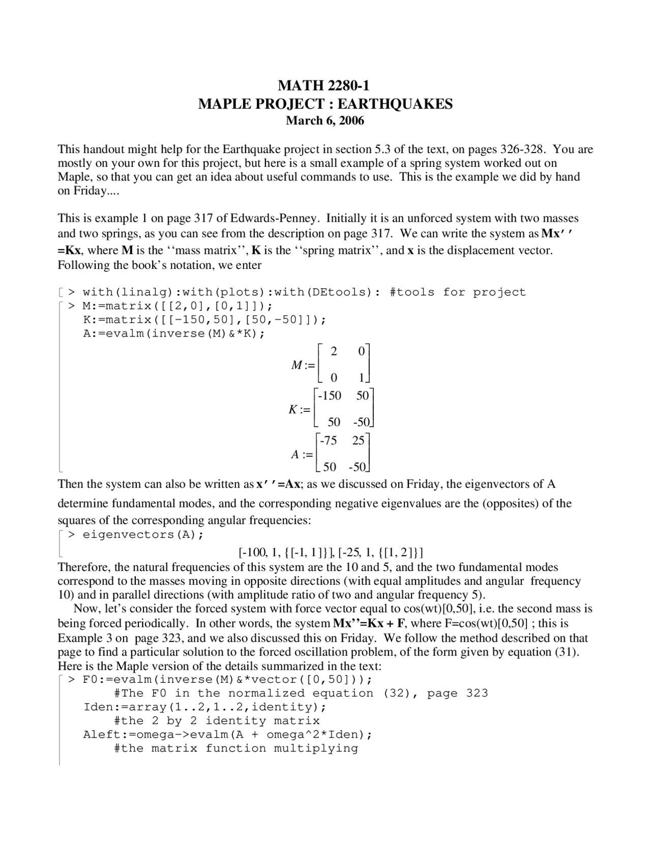 Differential Equations Maple Project Earthquakes Math 2280 Docsity