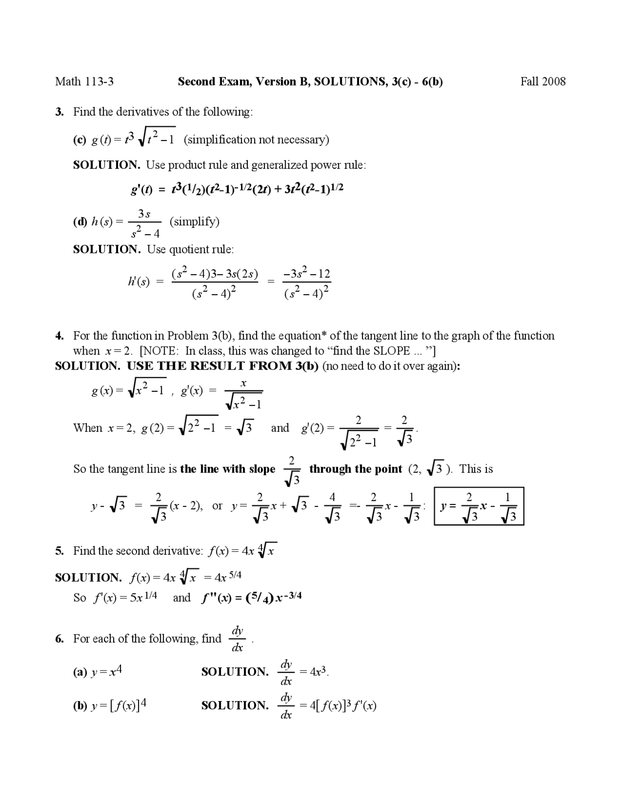 Exam 2b Questions With Solutions Elements Of Calculus Math 113