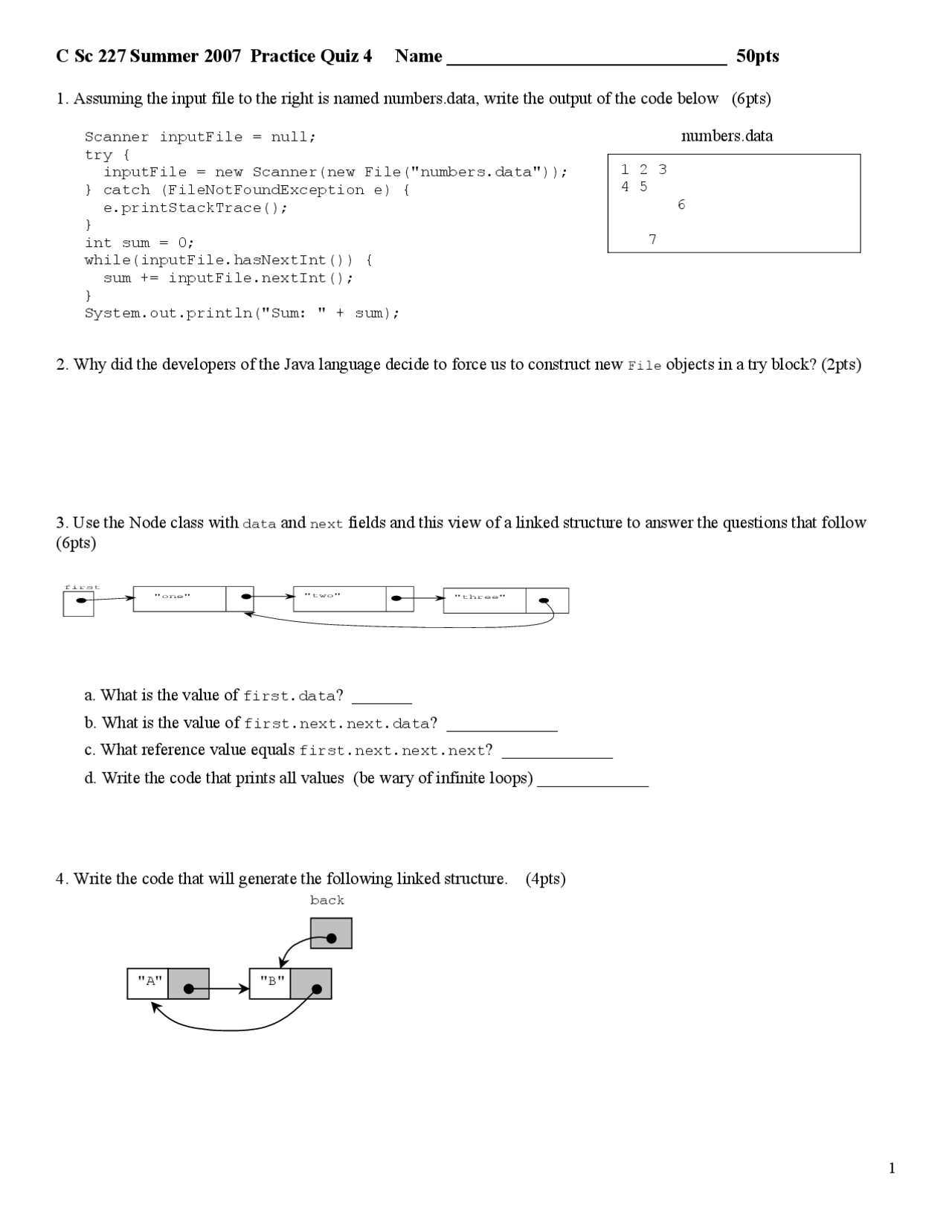 Sample Quiz 4 With Answers Program Design And Development C Sc 227 Docsity