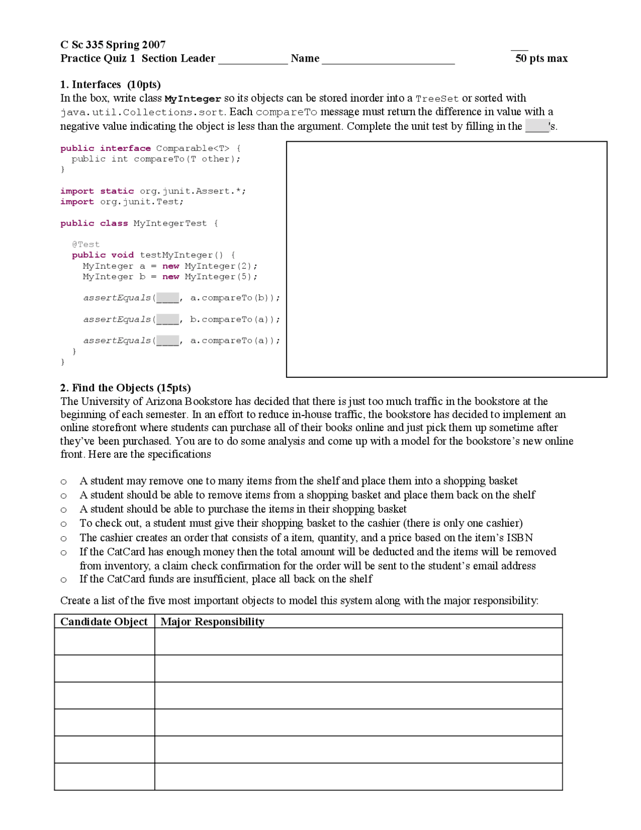 Find Interfaces, Objects Quiz 1 - Object Oriented Programming and Design | C SC 335 - Docsity