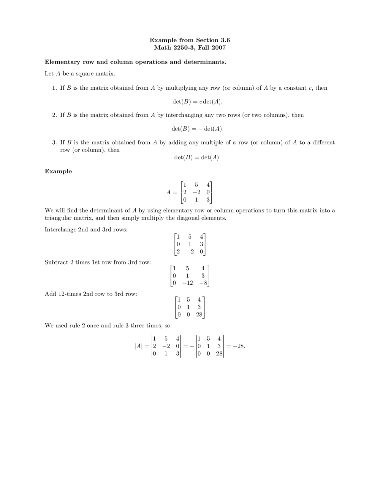 Elementary Row And Column Operations And Determinants Math 2250 Docsity