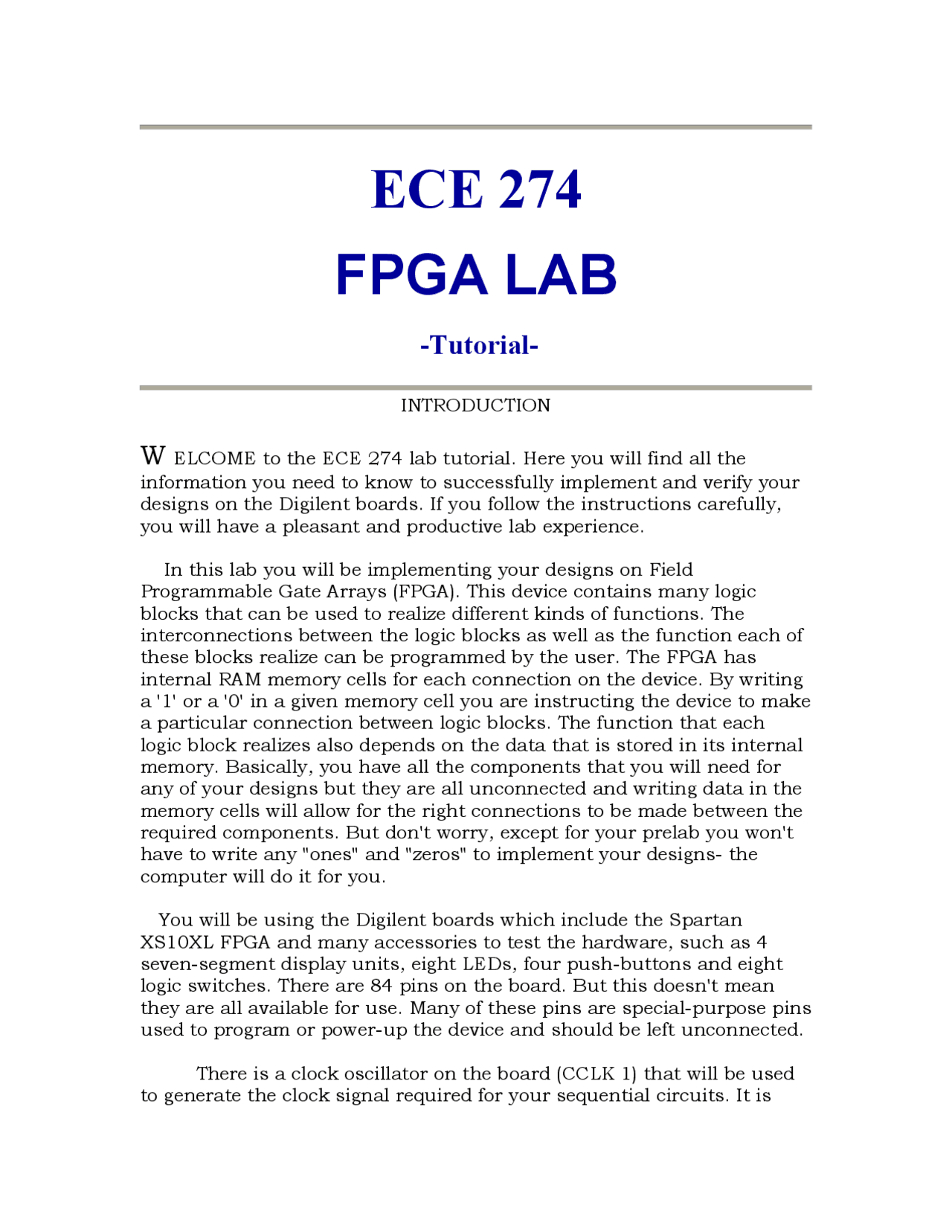 Laboratory: Field Programmable Gate Arrays | ECE 274 - Docsity