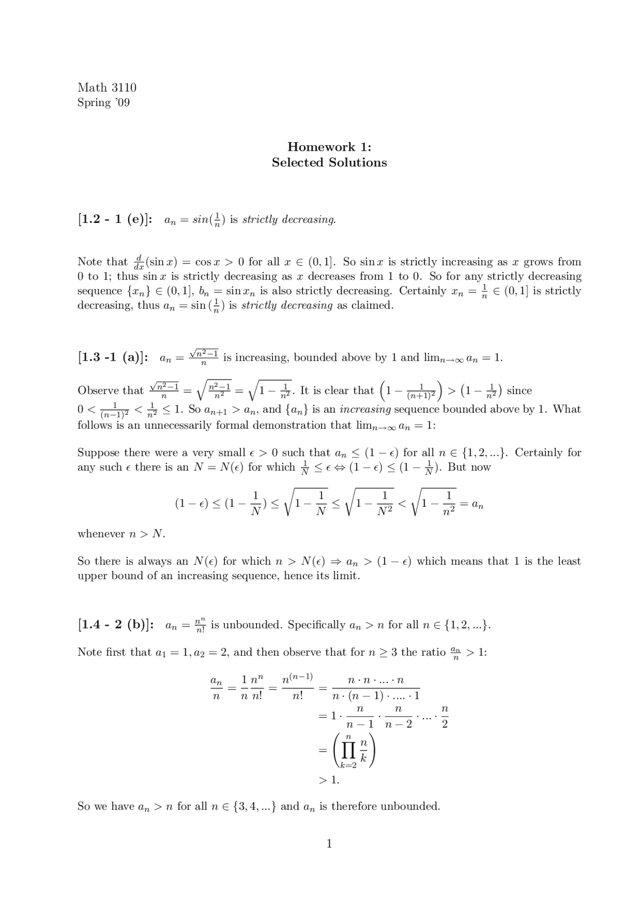 Homework 1 Selected Solutions Introduction To Analysis Math 3110