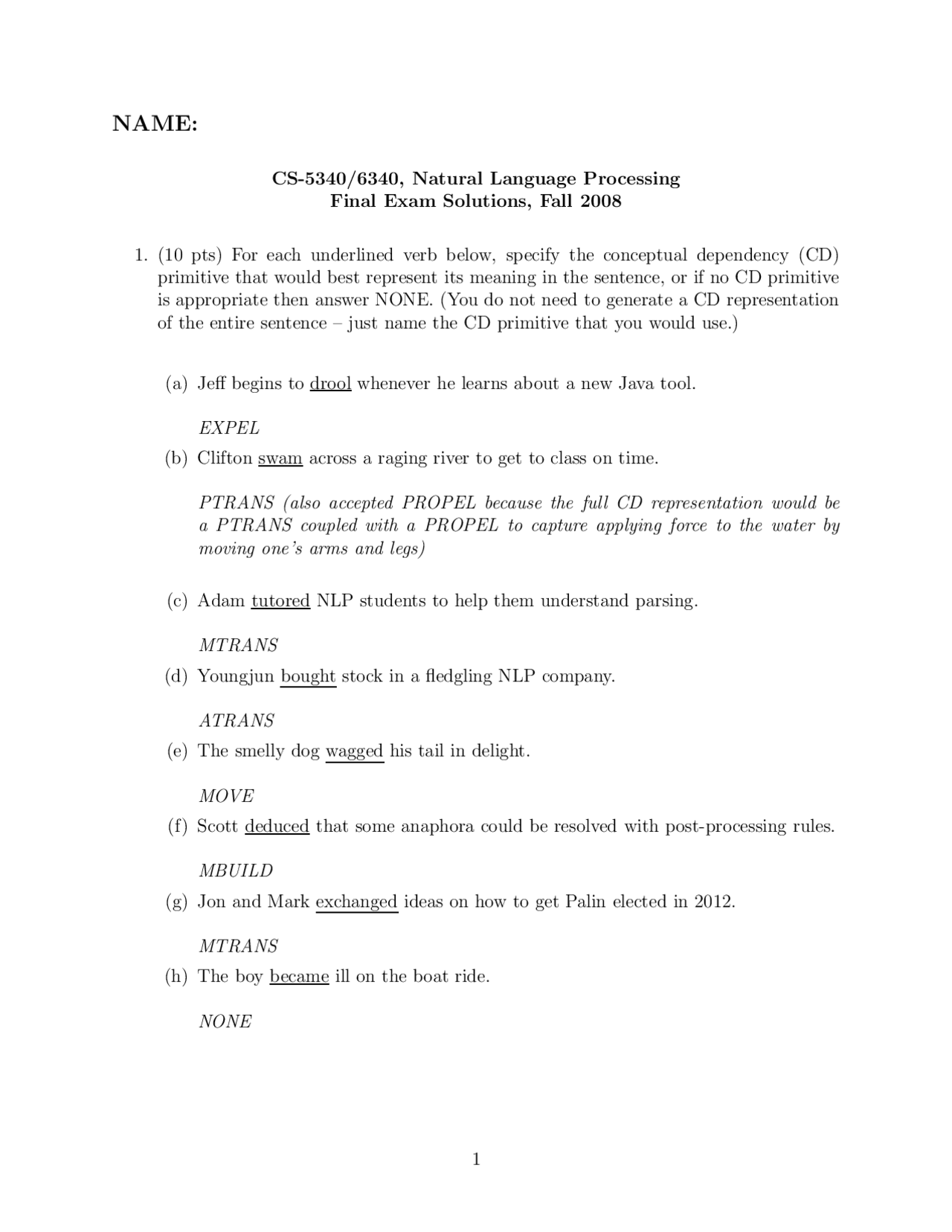 Final Exam Solutions Natural Language Processing Cs 5340 Docsity