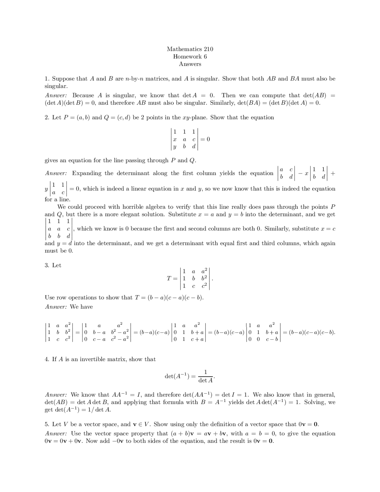 Solutions For Assignment Six Linear Algebra Mt 210 Docsity