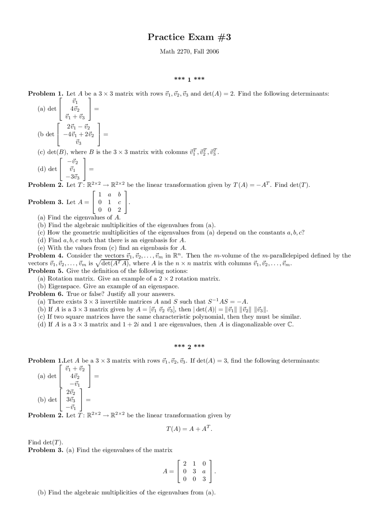 Practice Examination #3 - Linear Algebra | MATH 2270 - Docsity