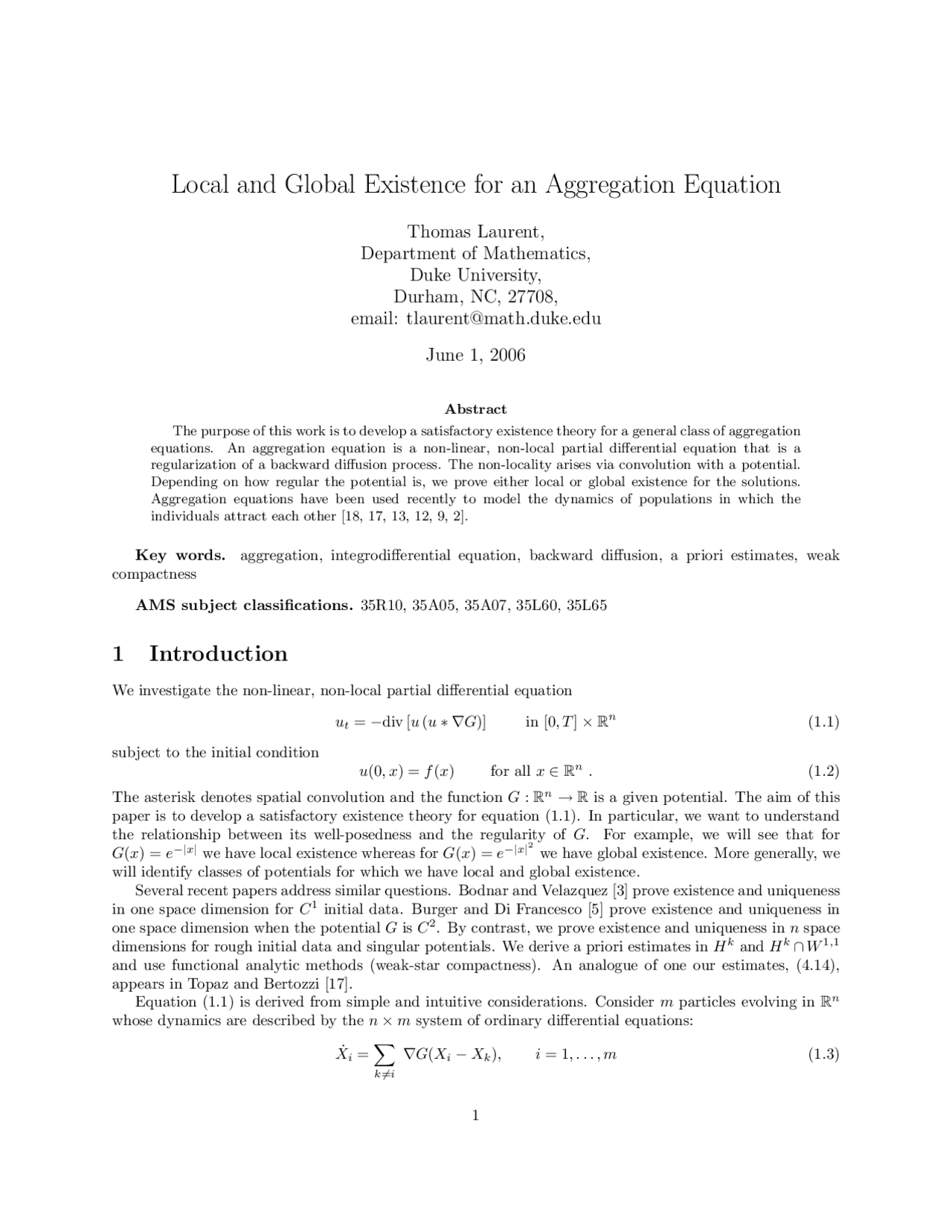 Local and Global Existence for an Aggregation Equation | MATH 0209A ...