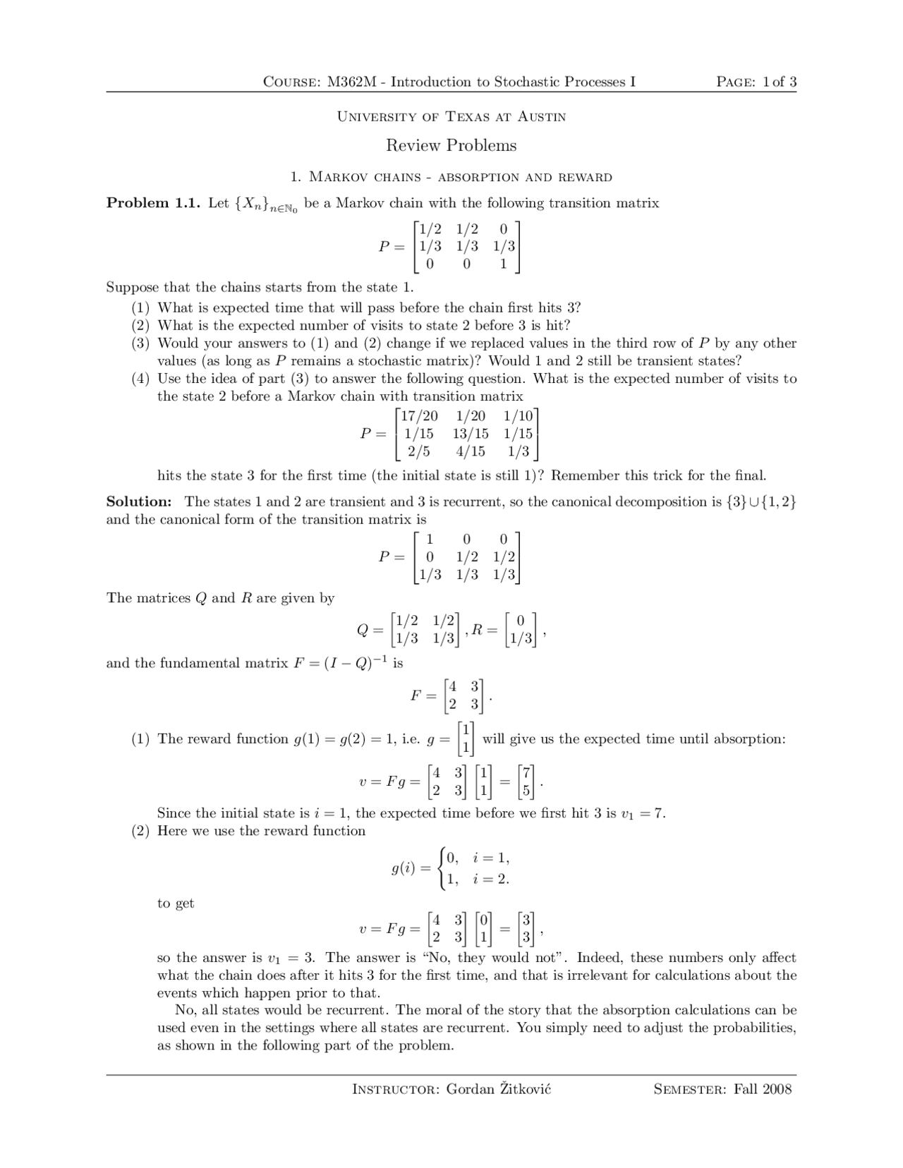 Review Problems Markov Chains Introduction To Stochastic Process I