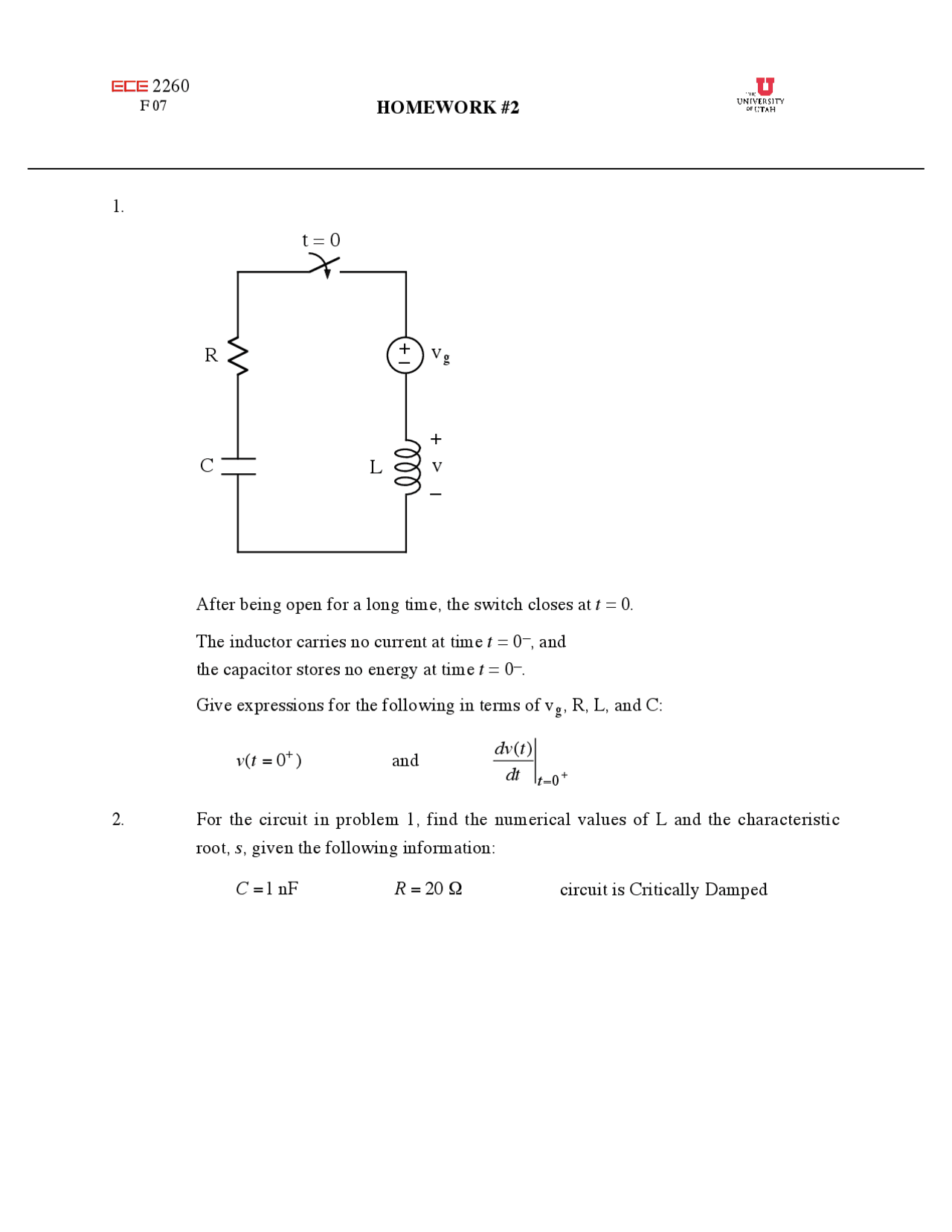 Fundamentals of Electric Circuits - Homework 2 Practice | ECE 2260 ...