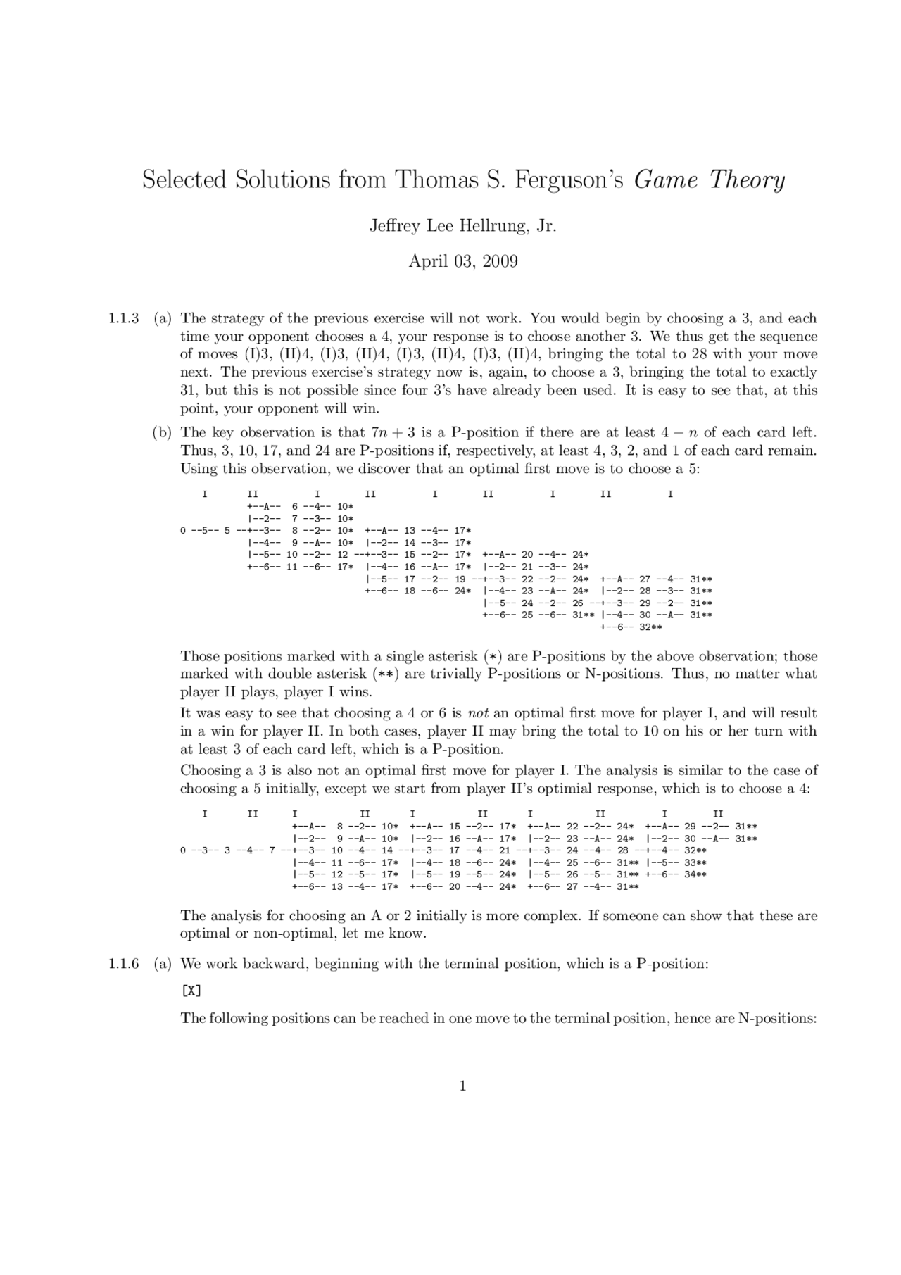 Selected Solutions for Math Game Theory | MATH 0167 - Docsity