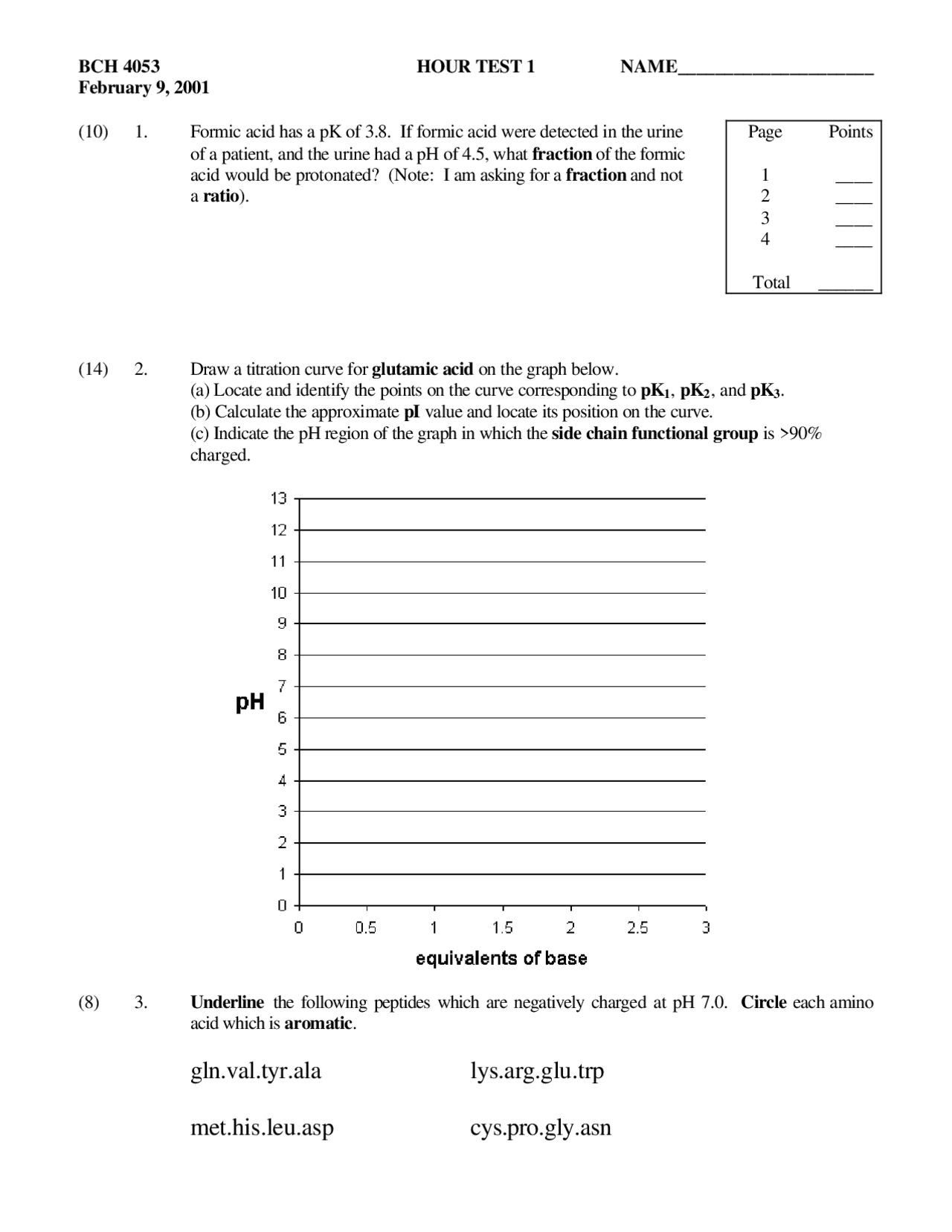 10 Problems On General Biochemistry I Examination 1 Fall 2001 Bch