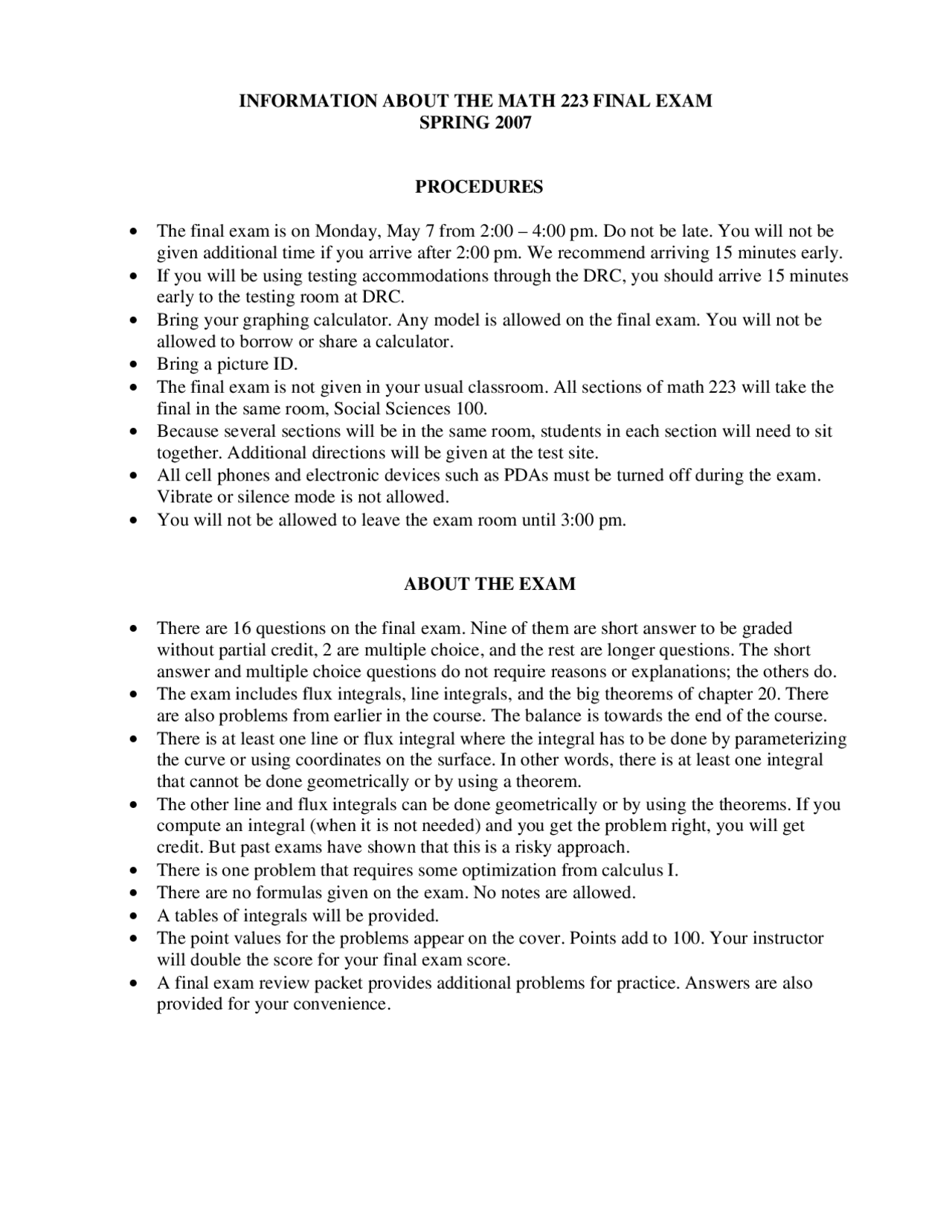 Information About Final Exam Vector Calculus Math 223 Docsity