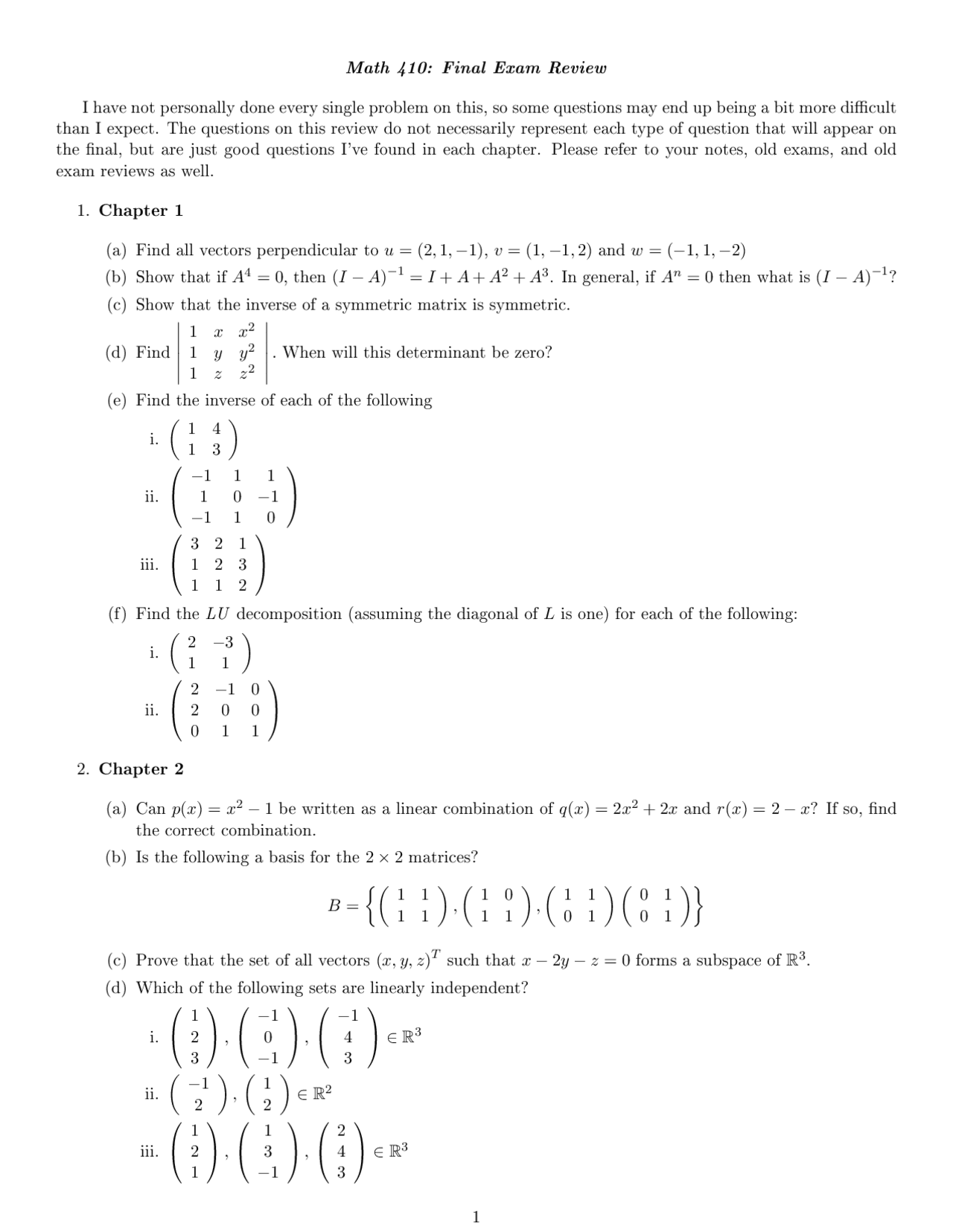 Final Exam Review Matrix Analysis Math 410 Docsity