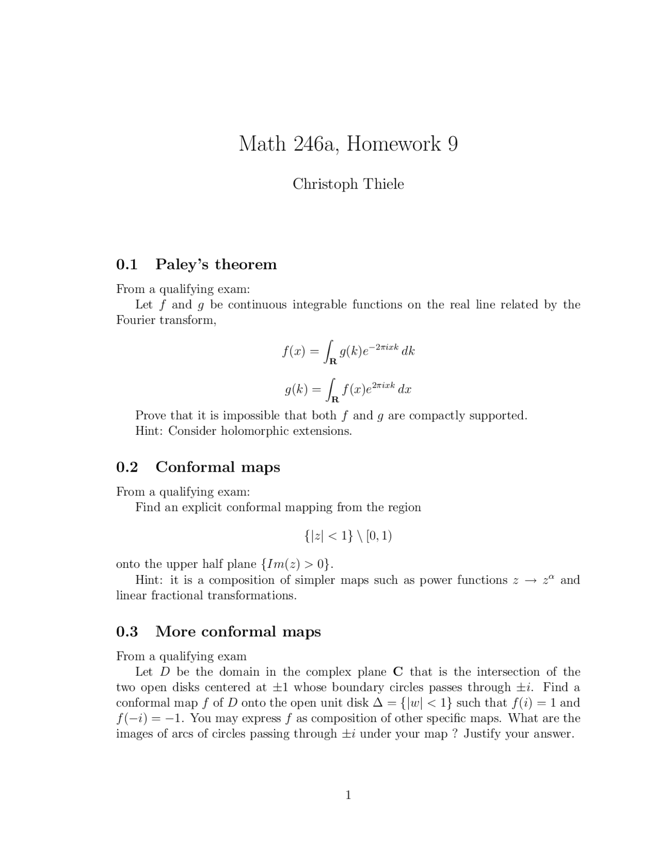 Homework 9 Questions Complex Analysis Math 246a Docsity