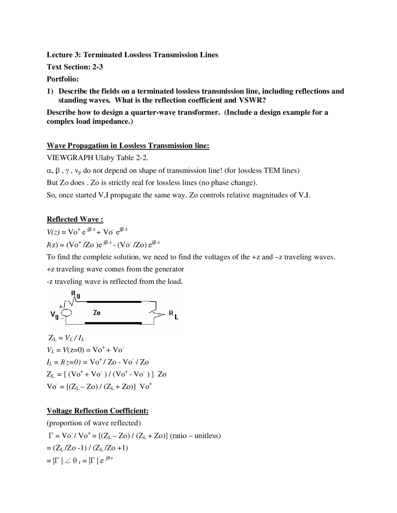 Terminated Lossless Transmission Lines Lecture Notes Ece 5320 Docsity