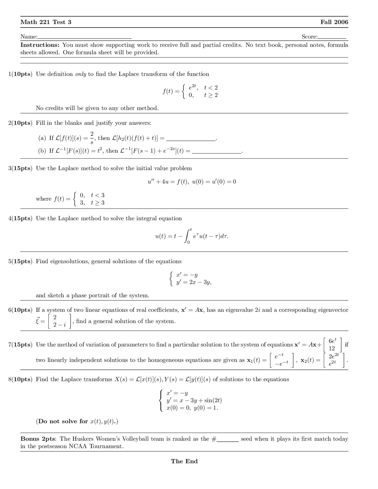 8 Questions On Differential Equations Test 3 Math 221 Docsity