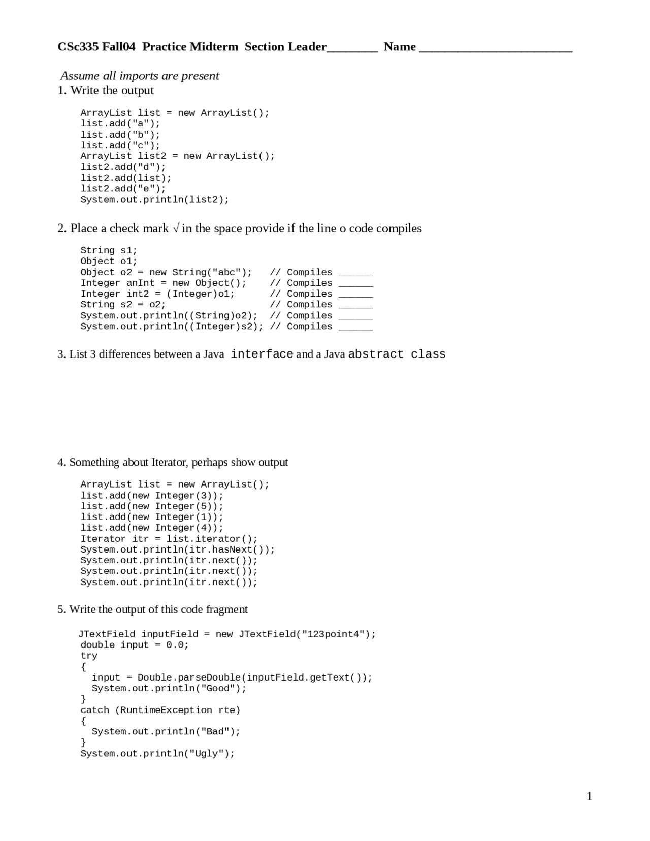 Object Oriented Programming And Design Practice Midterm Exam C Sc 335 Docsity