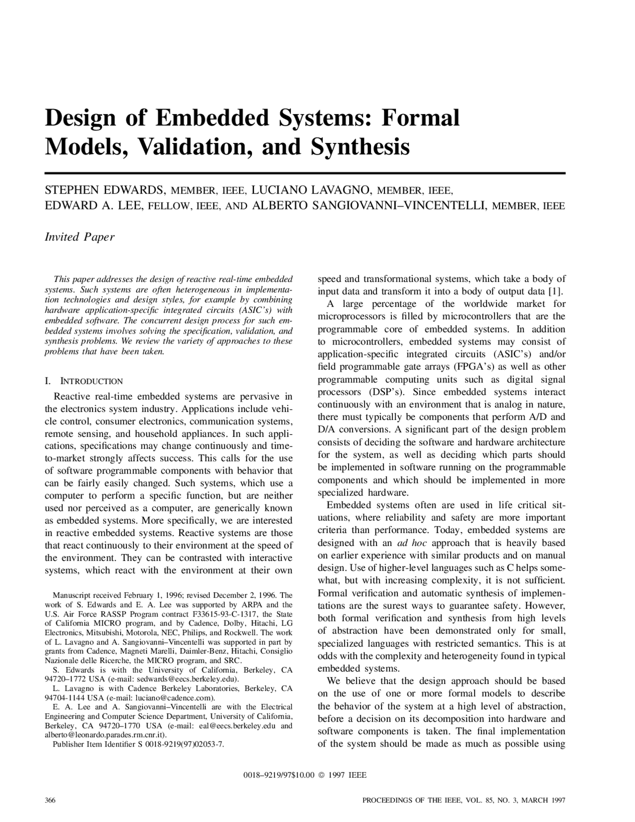Design Of Embedded Systems Formal Models Validation And Synthesis Ece 253 Docsity 7074