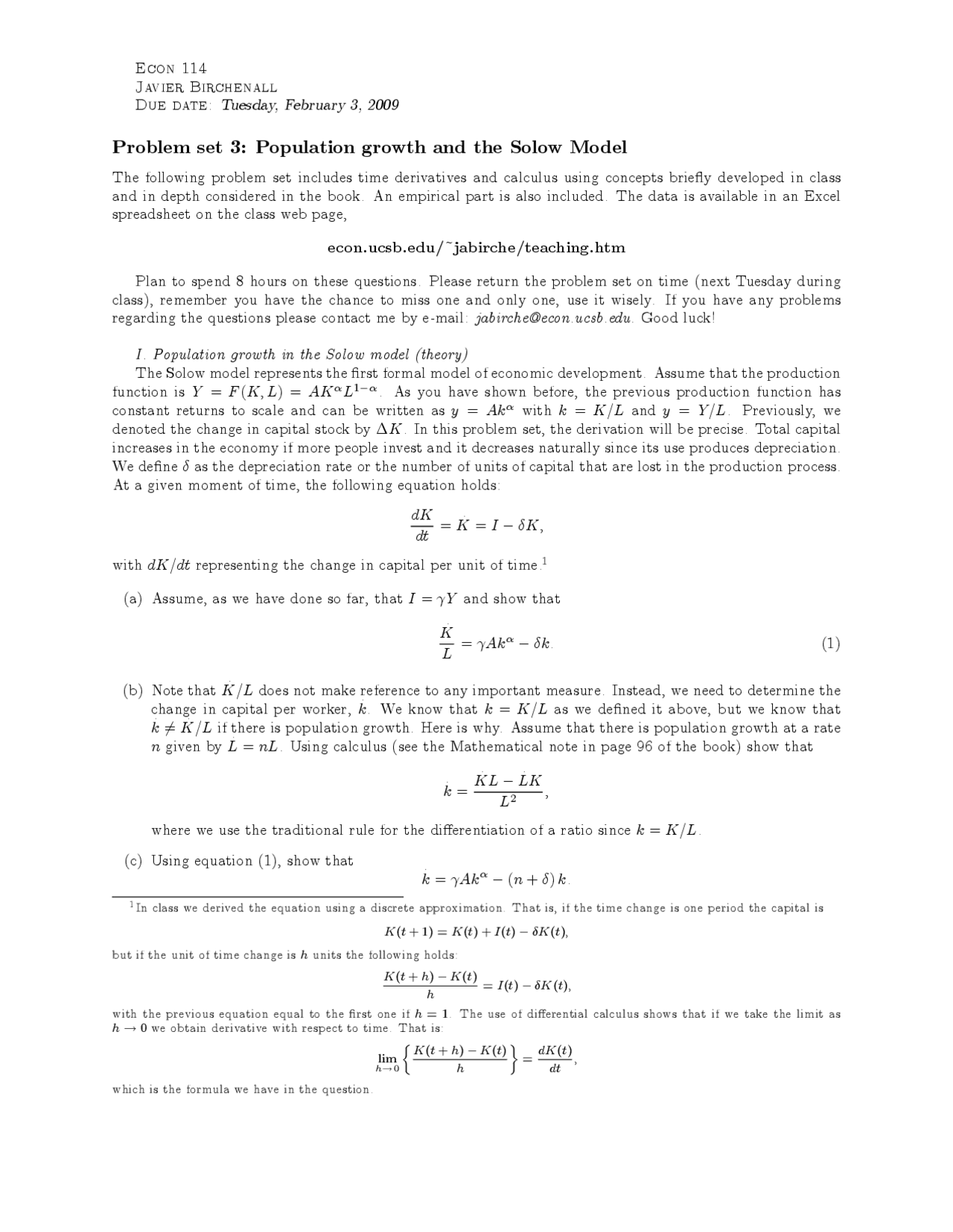 Problem Set 3 For Population Growth And The Solow Model Econ 114
