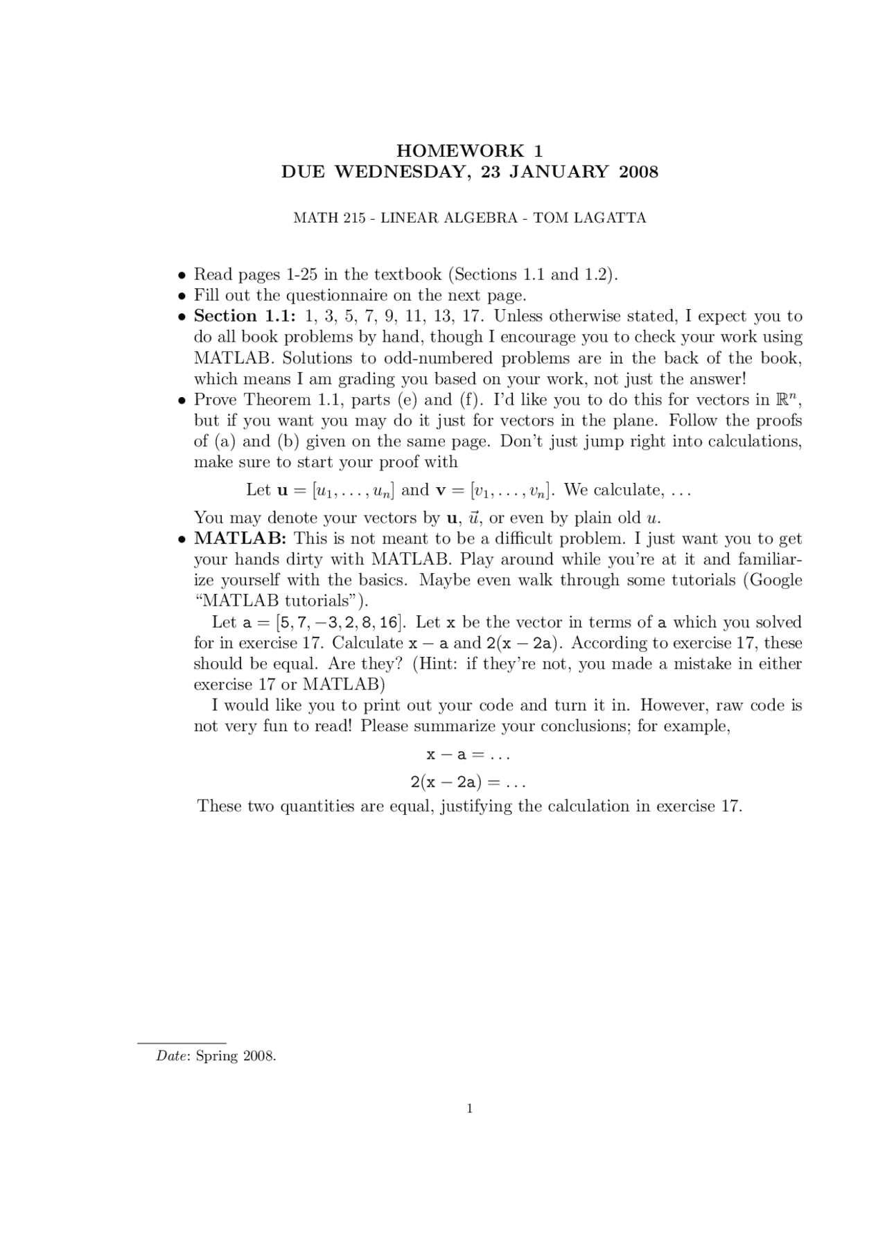 Homework 1 Questions For Introduction To Linear Algebra Math 215 Docsity