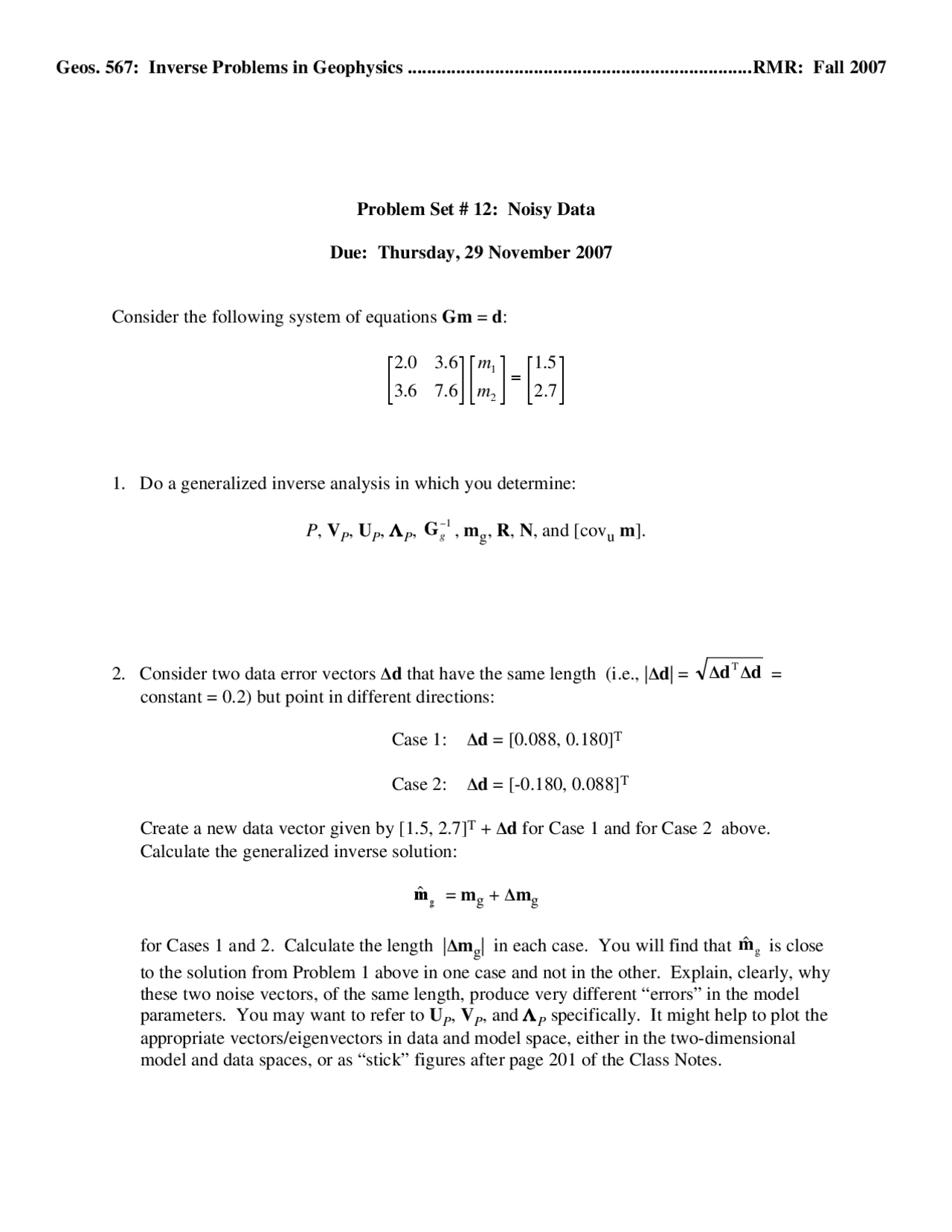 Noisy Data Problem Set 12 Inverse Problems In Geophysics Geos 567