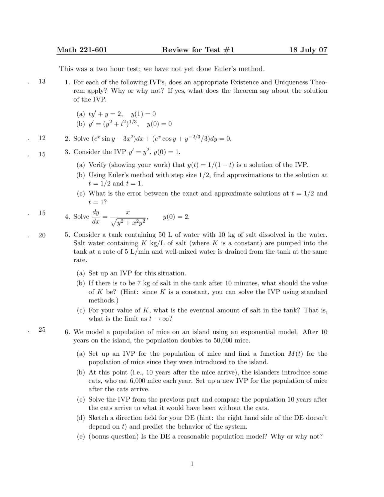 Review For Test 1 Differential Equations Math 221 Docsity