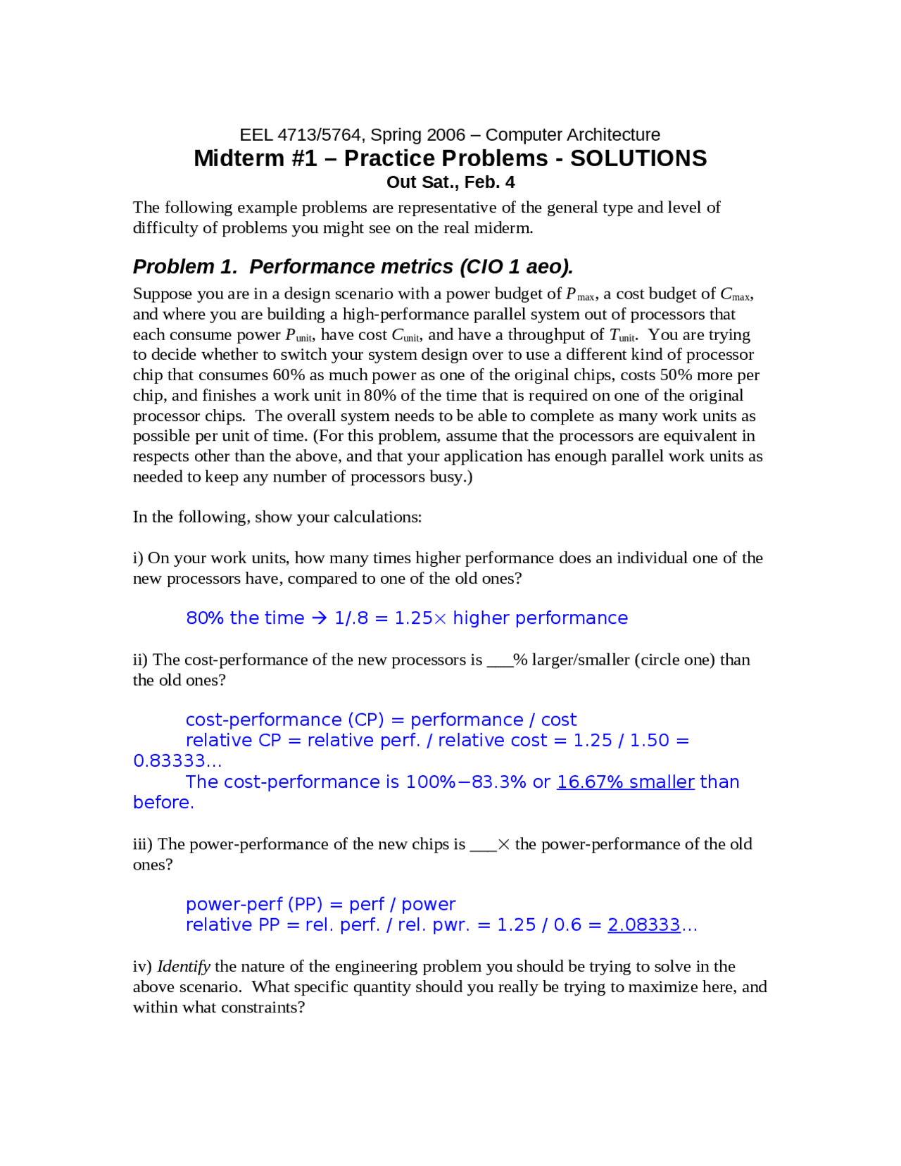 Midterm Exam 1 Practice Problems Solutions Computer Architecture
