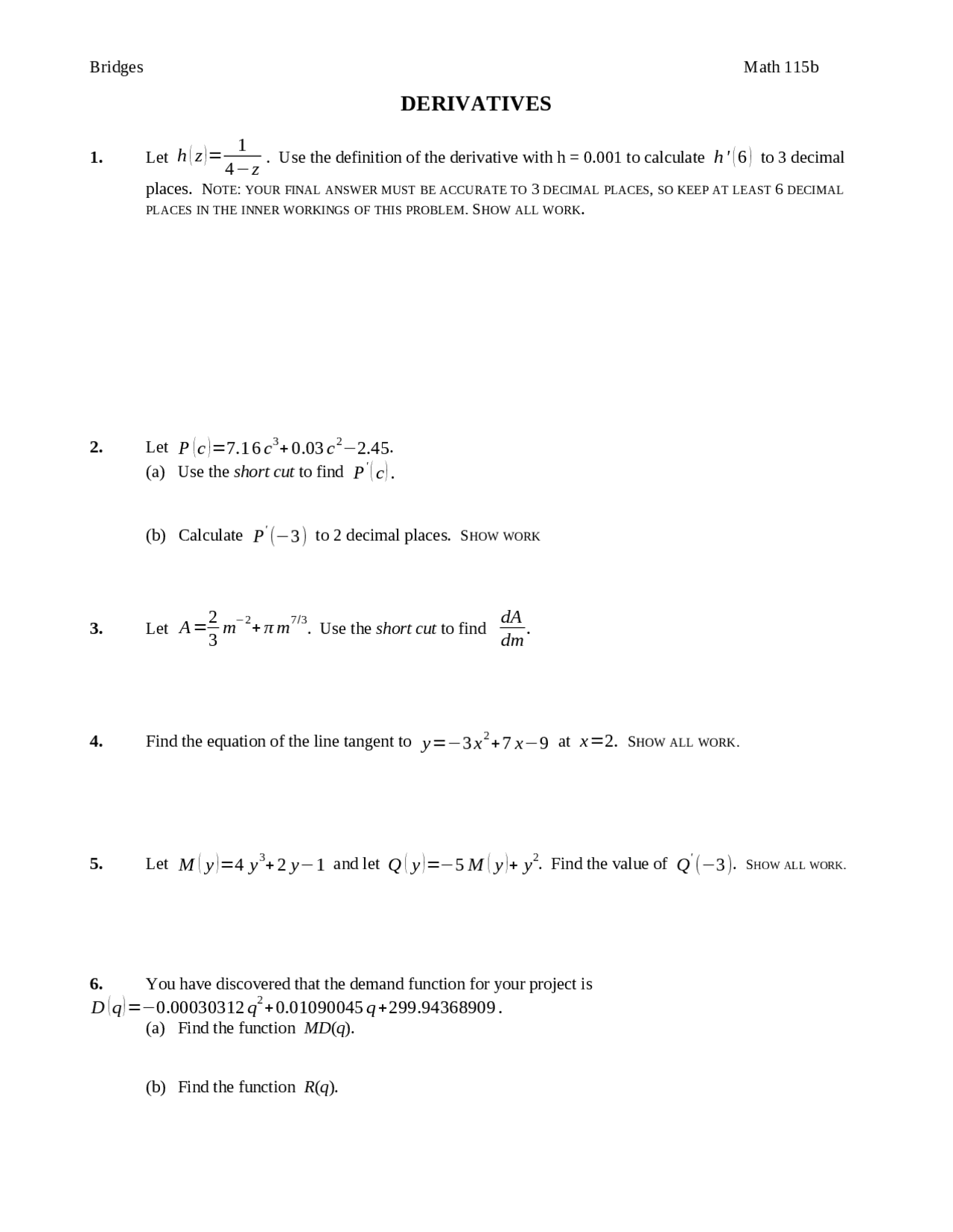 Assignment Problems On Derivatives Math 115b Docsity