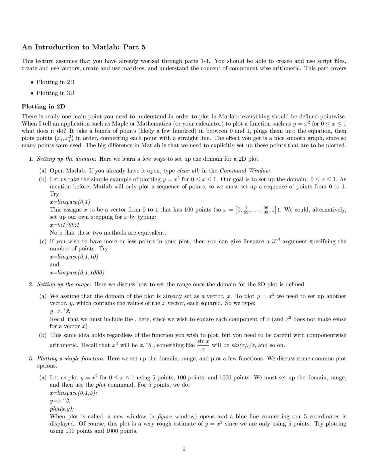 Lecture Notes on An Introduction to MATLAB: Part #5 | MATH 410 - Docsity