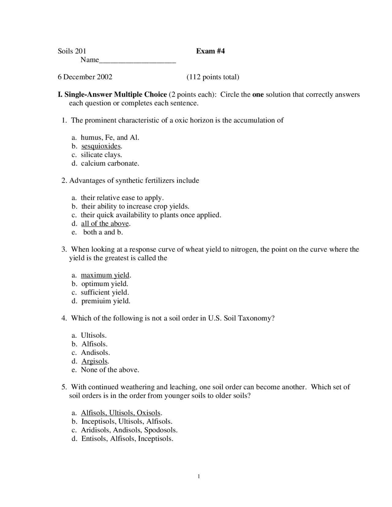 Old Exam 4 with Answer Key - Soil: A Living System | SoilS 201 - Docsity
