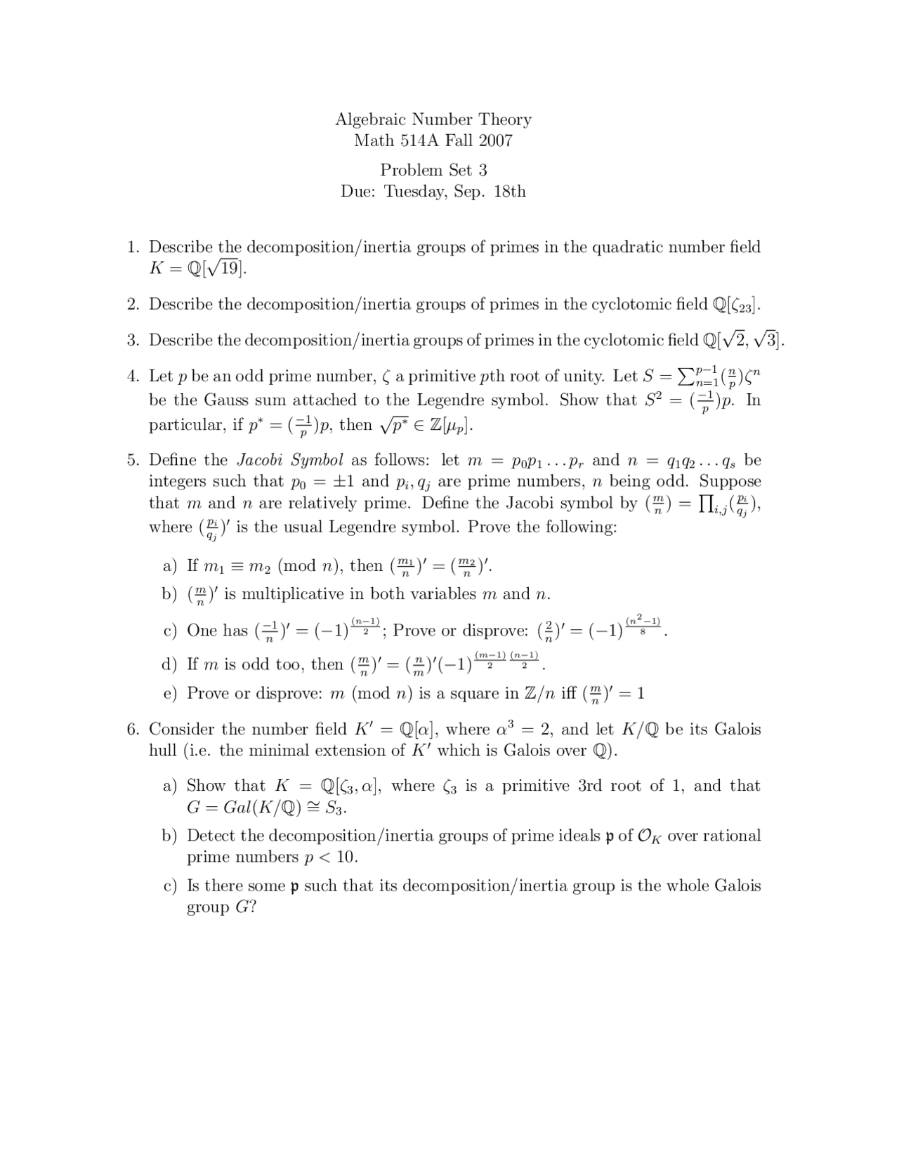 Algebraic Number Theory Problem Set 3 Math 514a Docsity