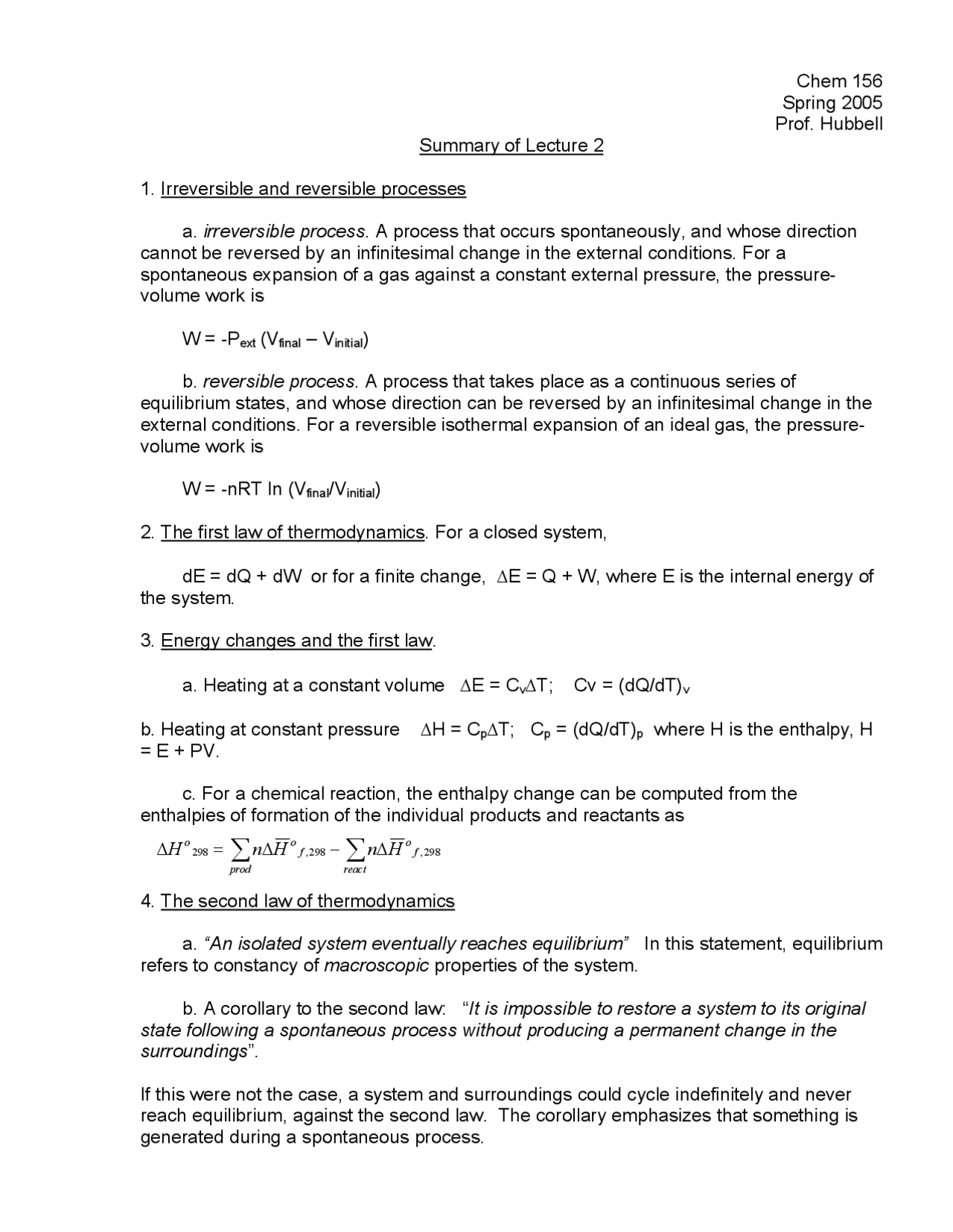 Irreversible and Reversible Process - Lecture Notes | CHEM 156 - Docsity