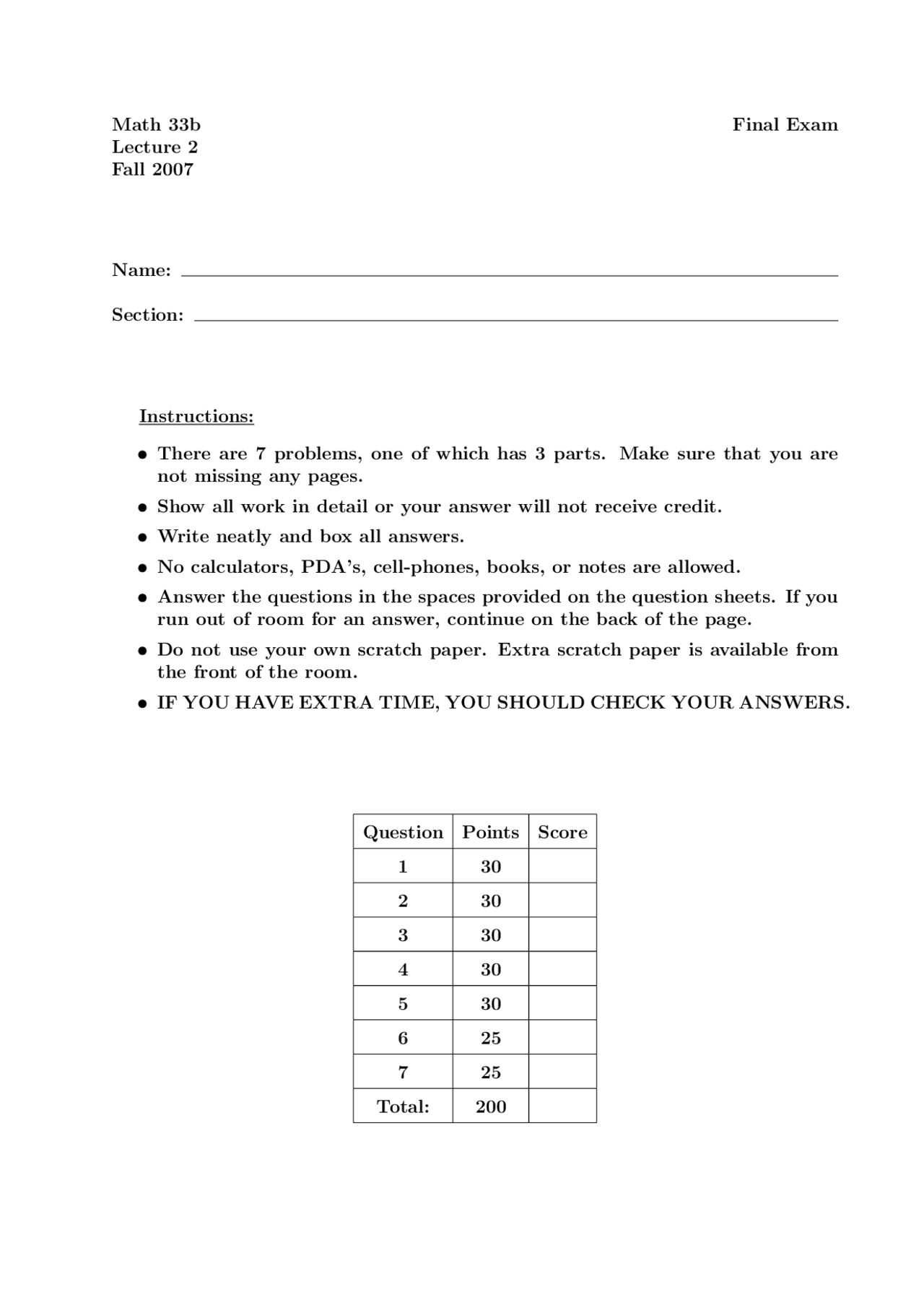 Math 33b Final Exam - Lecture 2 Solutions | Exams Differential ...