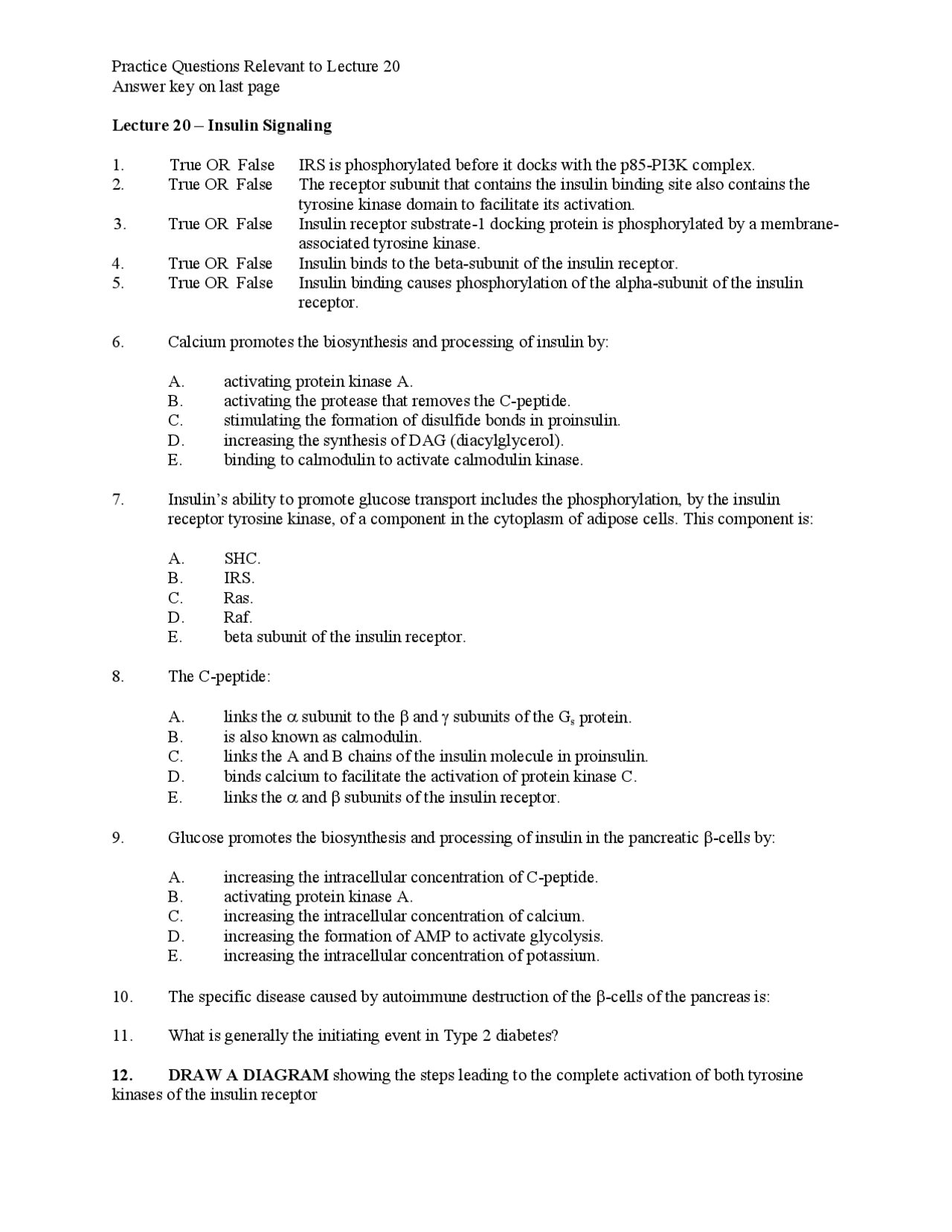 Insulin Signaling - Practice Questions with Answer Key | BIOC 460 - Docsity