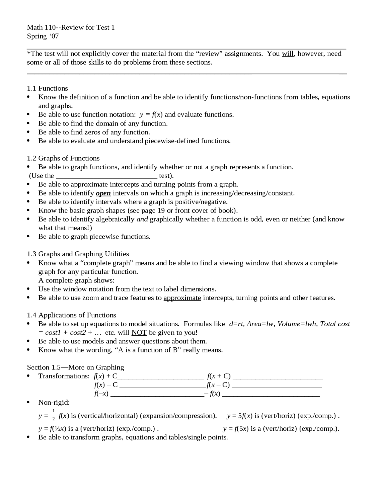 Review for Test 1 - College Algebra | MATH 110 - Docsity