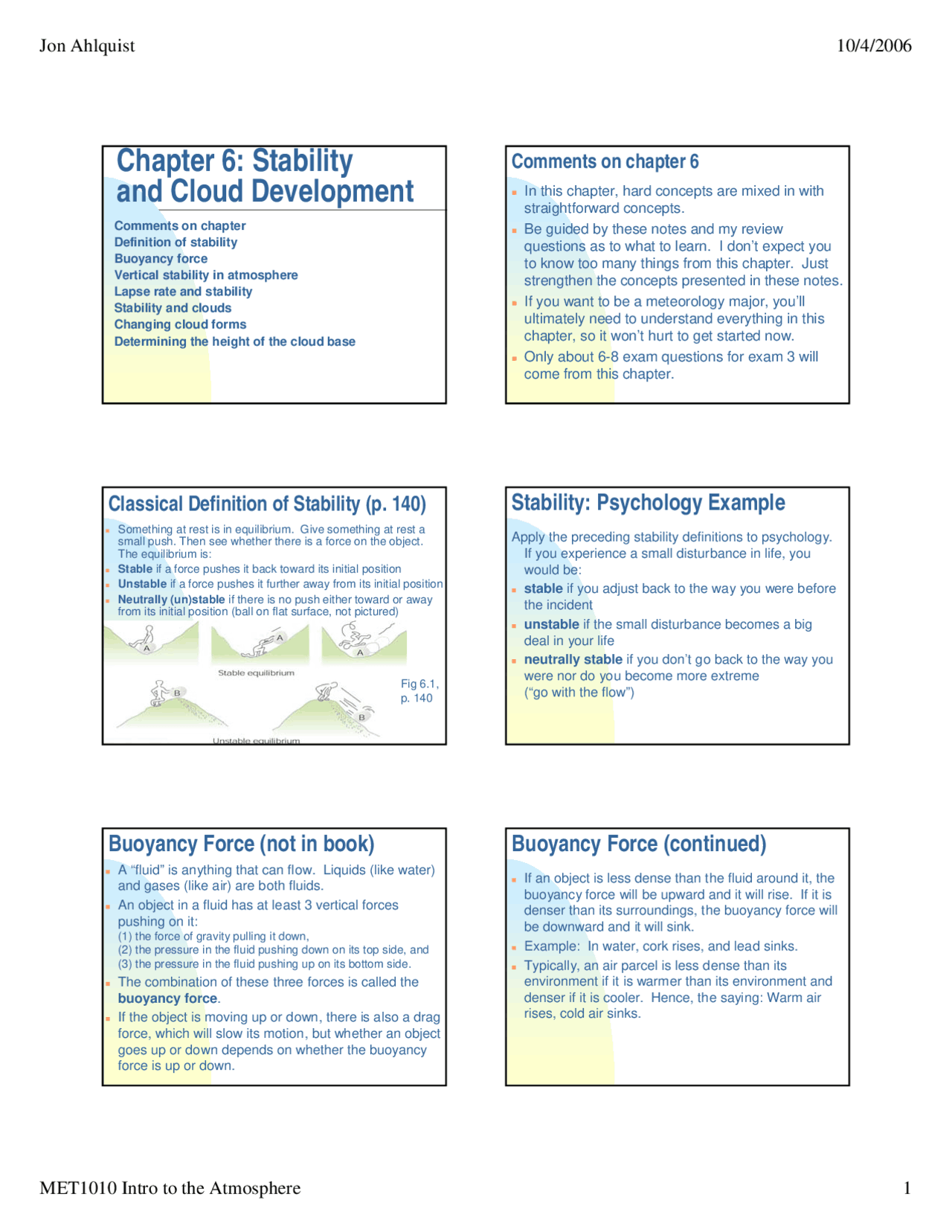 Slides on Stability and Cloud Development | MET 1010 - Docsity