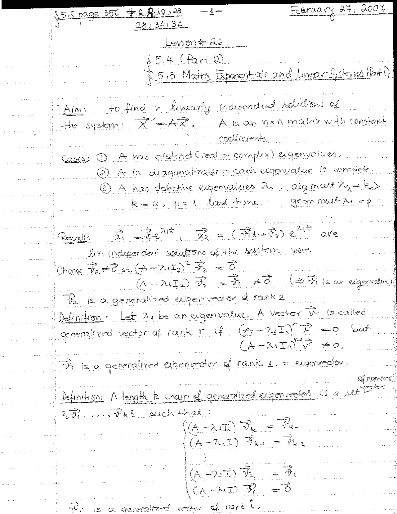 Matrix Exponentials And Linear Systems Handwritten Notes Math 2280