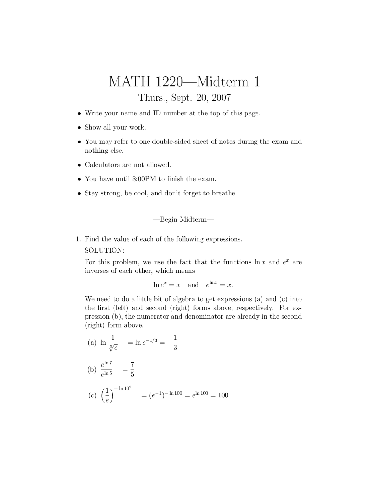 Midterm Exam 1 With Resolution Calculus Ii Math 1220 Docsity