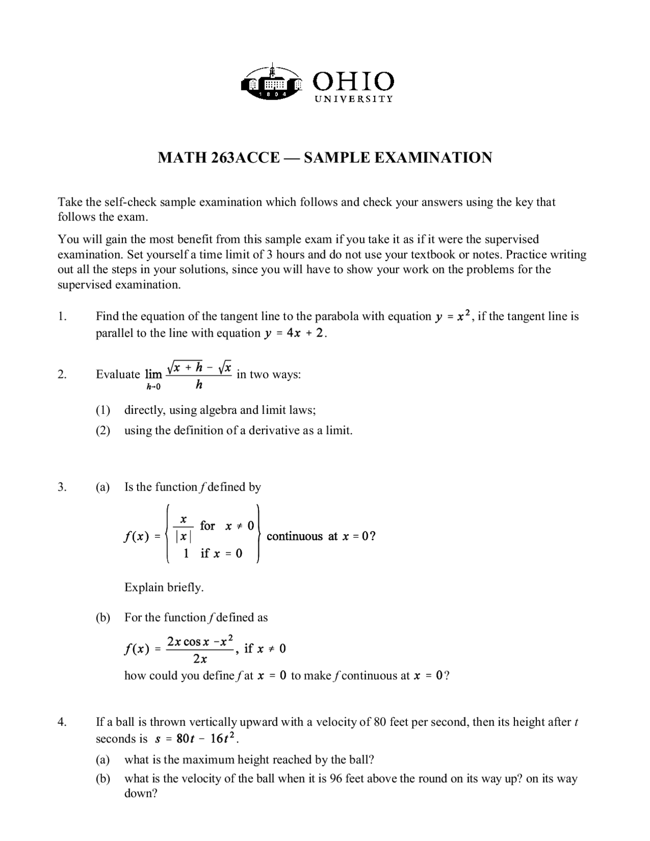 Sample Examination Calculus I Math 263a Docsity