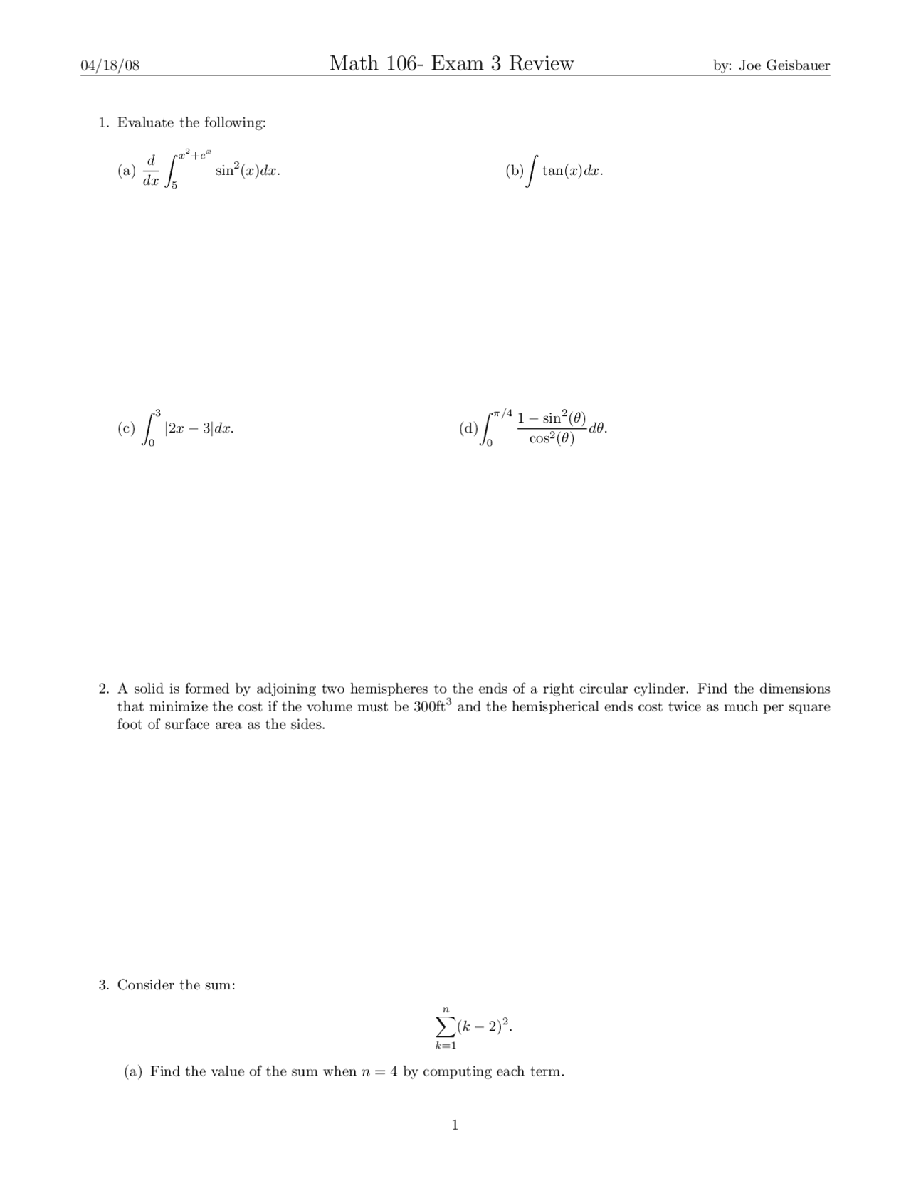 Exam 3 Review Analytical Geometry And Calculus I Math 106 Docsity