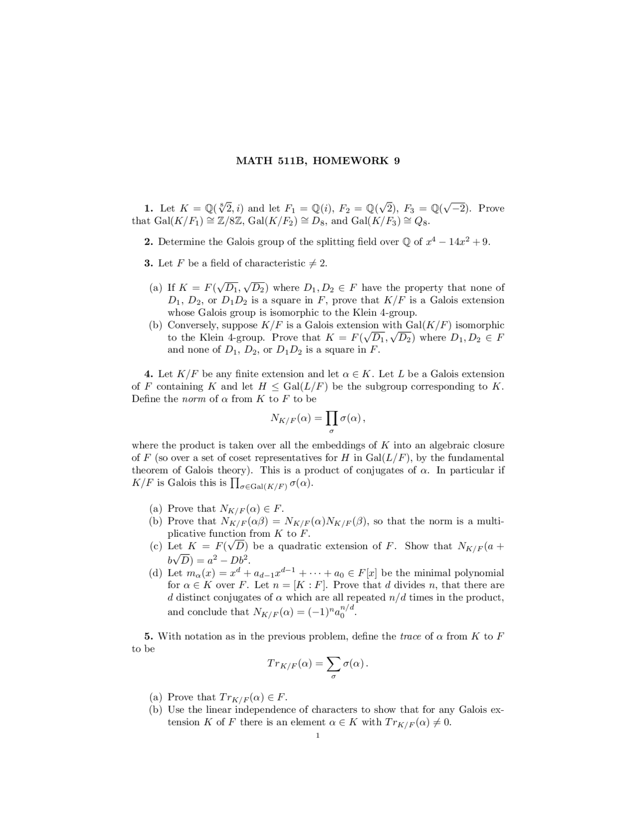 10 Questions On Algebra Assignment 9 Math 511a Docsity